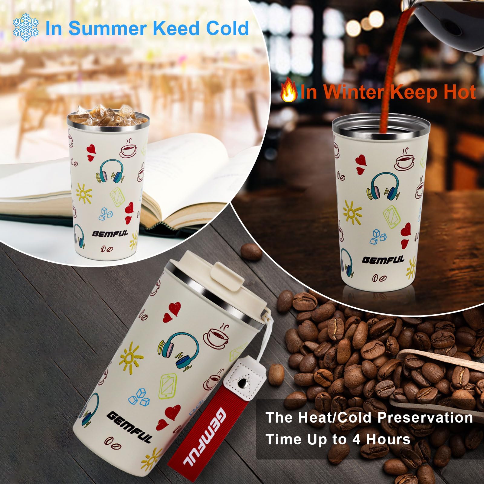 GEMFUL Spill Proof Leak Proof Coffee Travel Mug 17oz Stainless Steel Vacuum Insulated Tumbler with Secure Lid Reusable Hot Cold Portable Cup for Commute Office Car