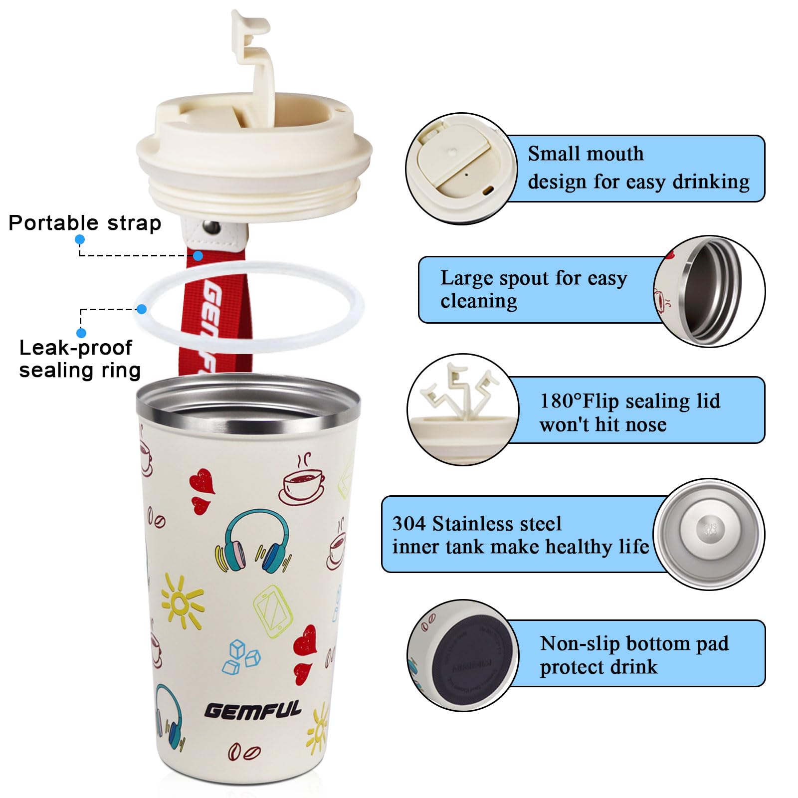 GEMFUL Spill Proof Leak Proof Coffee Travel Mug 17oz Stainless Steel Vacuum Insulated Tumbler with Secure Lid Reusable Hot Cold Portable Cup for Commute Office Car