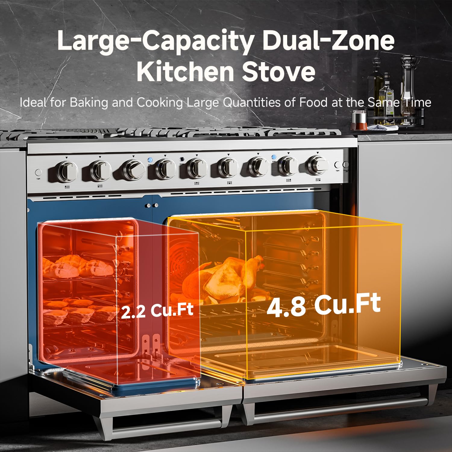 AAOBOSI 48 Inch Freestanding Gas Range Ovens with 7.0 cu.ft Large Capacity Double Convection Ovens, 6 Sealed Burners Plus Iron Grill Burner, Stainless Steel Gas Range Stove with NG/LPG Convertible