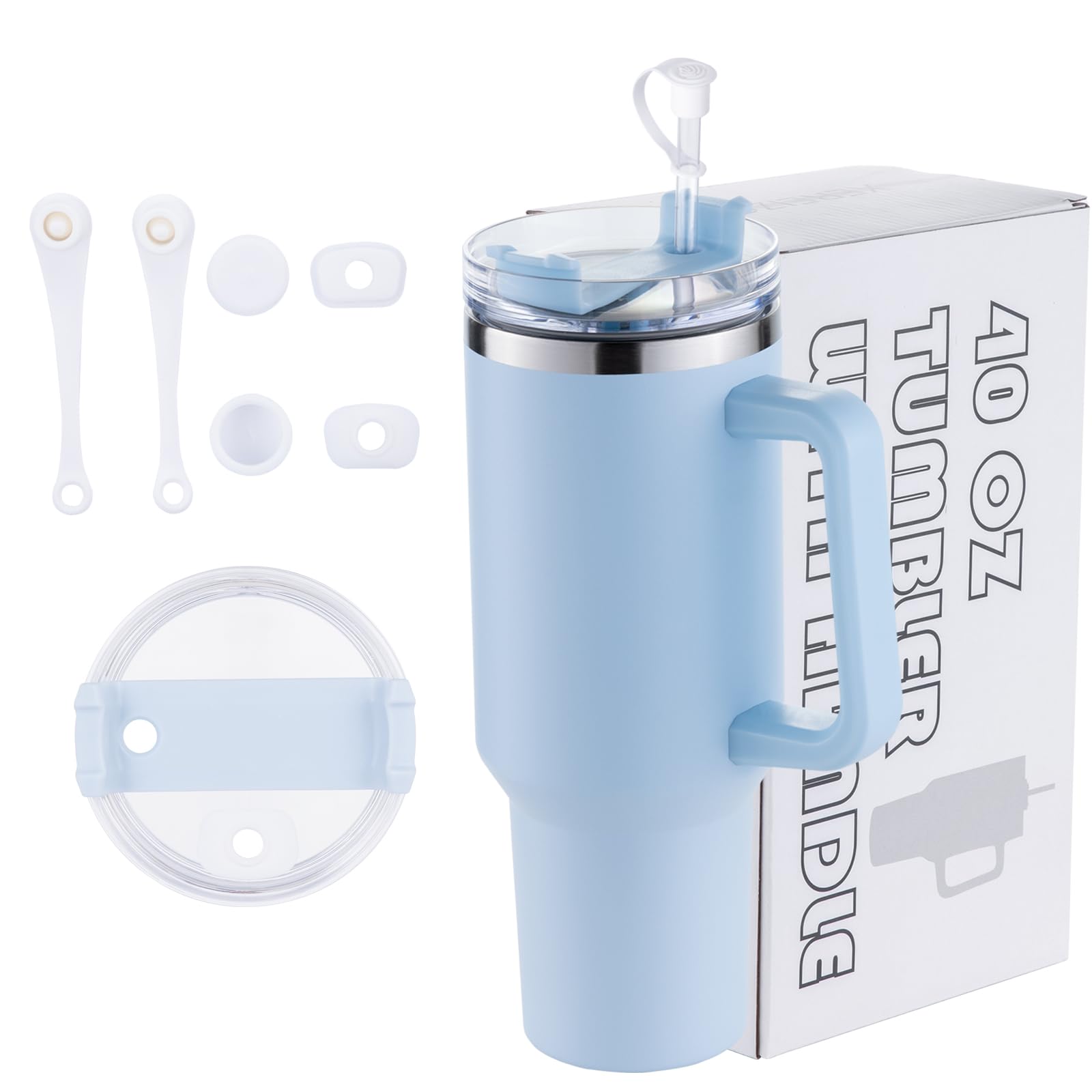 Xereizo 40 oz Tumbler with Handle and Straw, Leak Proof Stainless Steel Insulated Travel Coffee Tumbler Cups Lid and Straw, Iced for 40 Hours Cupholder Friendly Water Bottle Mug, Glacier, Light Blue