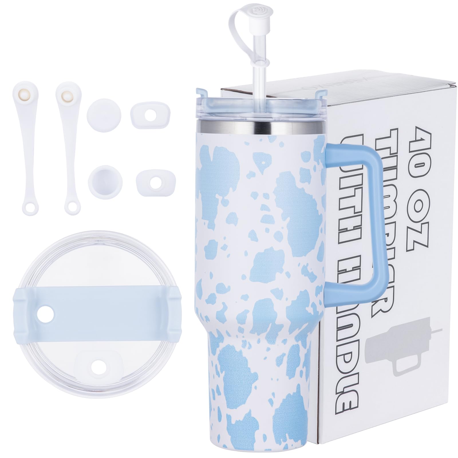 Xereizo 40 oz Tumbler with Handle and Straw, Leak Proof Stainless Steel Insulated Travel Coffee Tumbler Cups Lid and Straw, Iced for 40 Hours Cupholder Friendly Water Bottle Mug, Cow Stripe Glacier