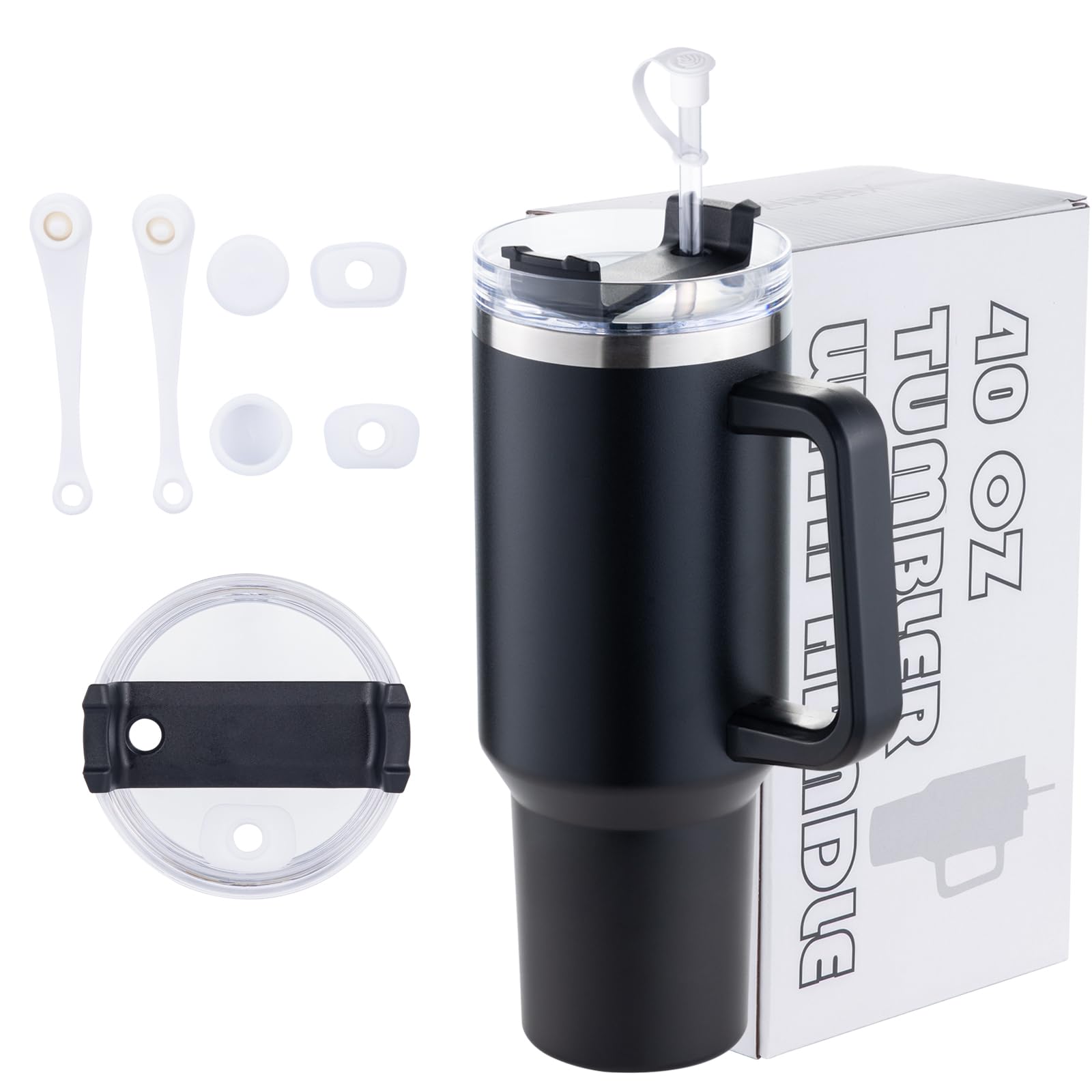 Xereizo 40 oz Tumbler with Handle and Straw, Leak Proof Stainless Steel Insulated Travel Coffee Tumbler Cups Lid and Straw, Iced for 40 Hours Cupholder Friendly Water Bottle Mug, Black