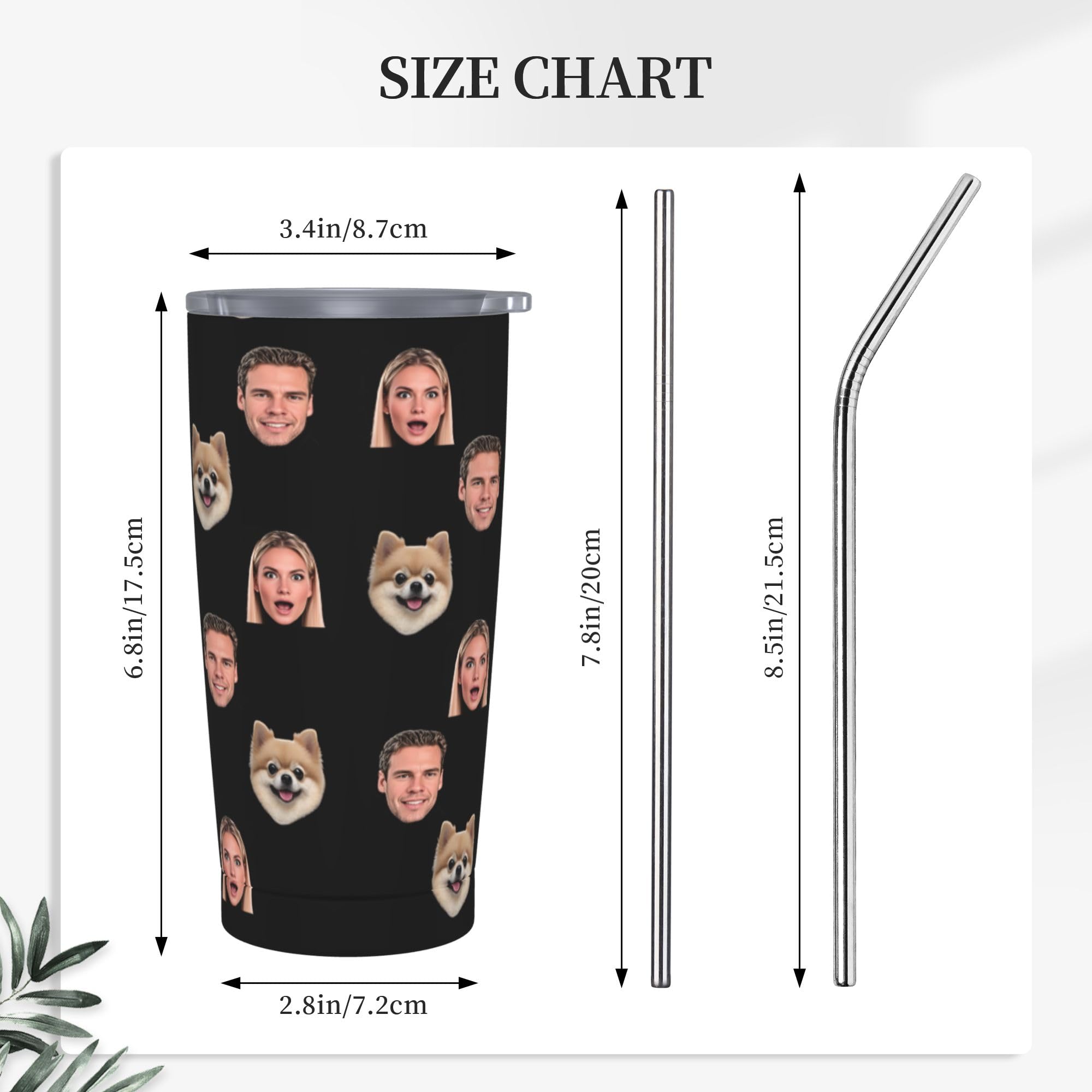 Personalized 20 Oz Tumbler With Lid and Straw, Custom Stainless Steel Insulated Travel Coffee Cup With Name Picture, Customized Water Bottle Mug for Men Women, Face
