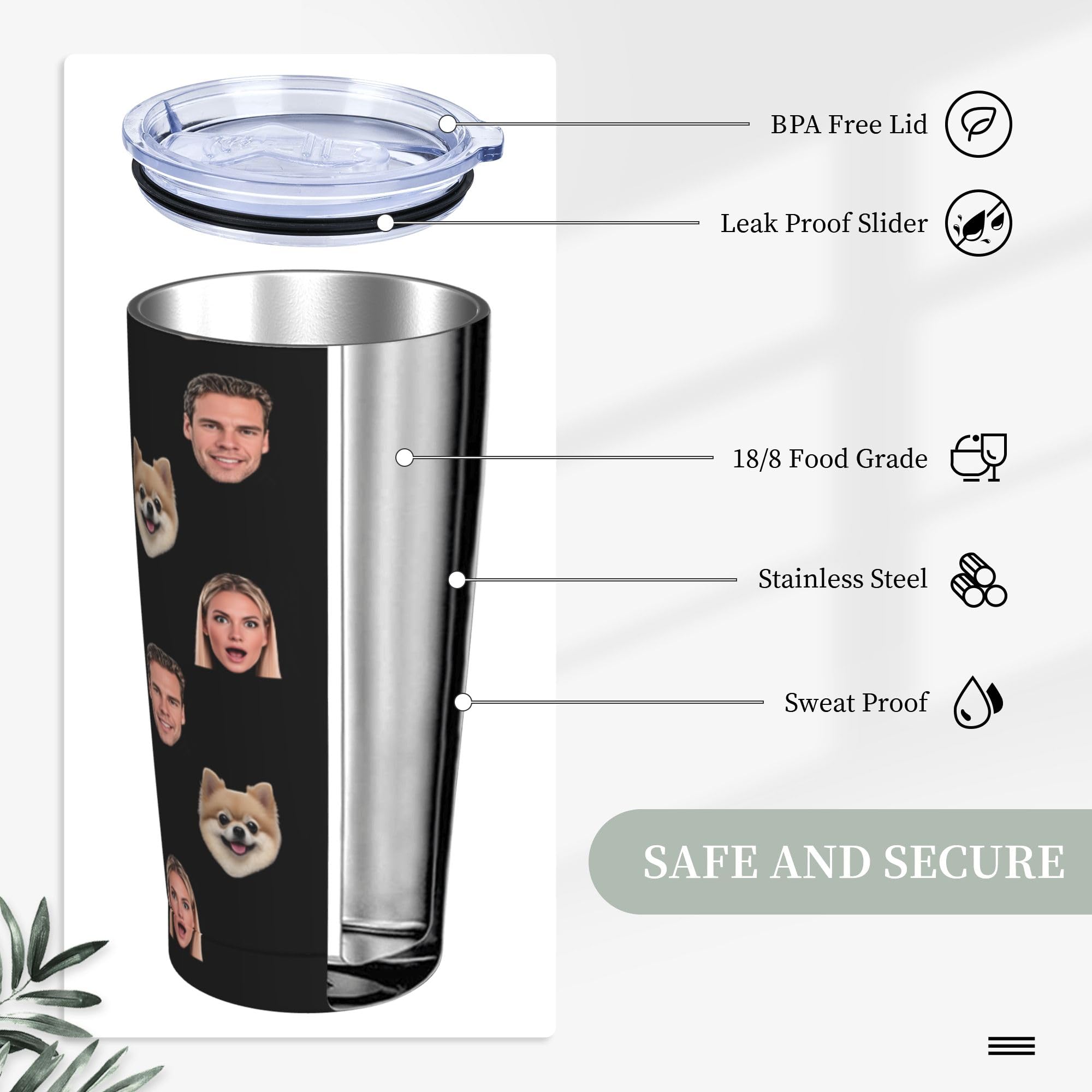 Personalized 20 Oz Tumbler With Lid and Straw, Custom Stainless Steel Insulated Travel Coffee Cup With Name Picture, Customized Water Bottle Mug for Men Women, Face