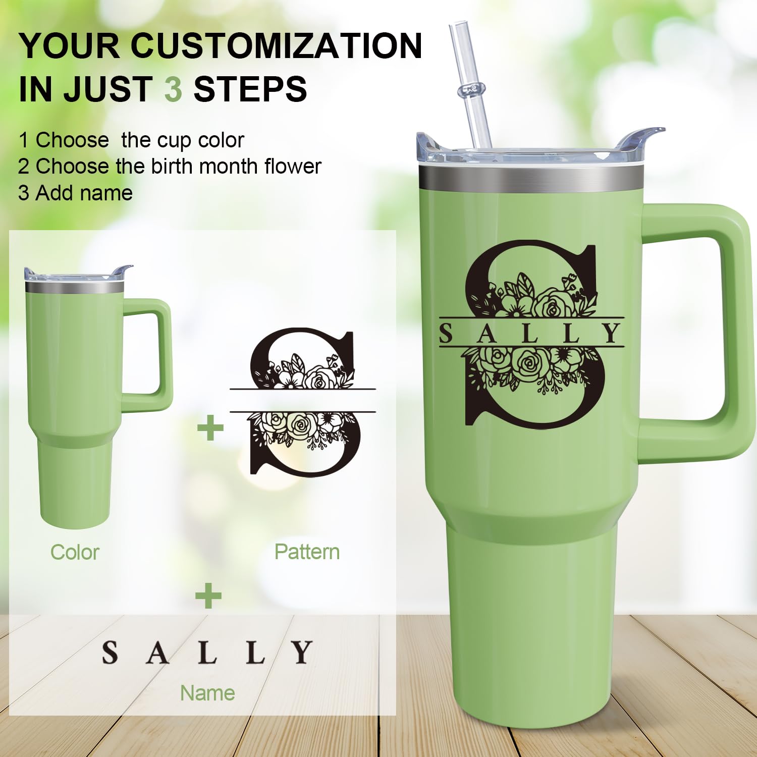 Personalized Gifts 40 Oz Tumbler with Handle and Straw Lid, with Initials Stainless Steel Vacuum Insulated Cup, Custom Water Bottle Travel Mug, Customized Monogram Gift for Women Men