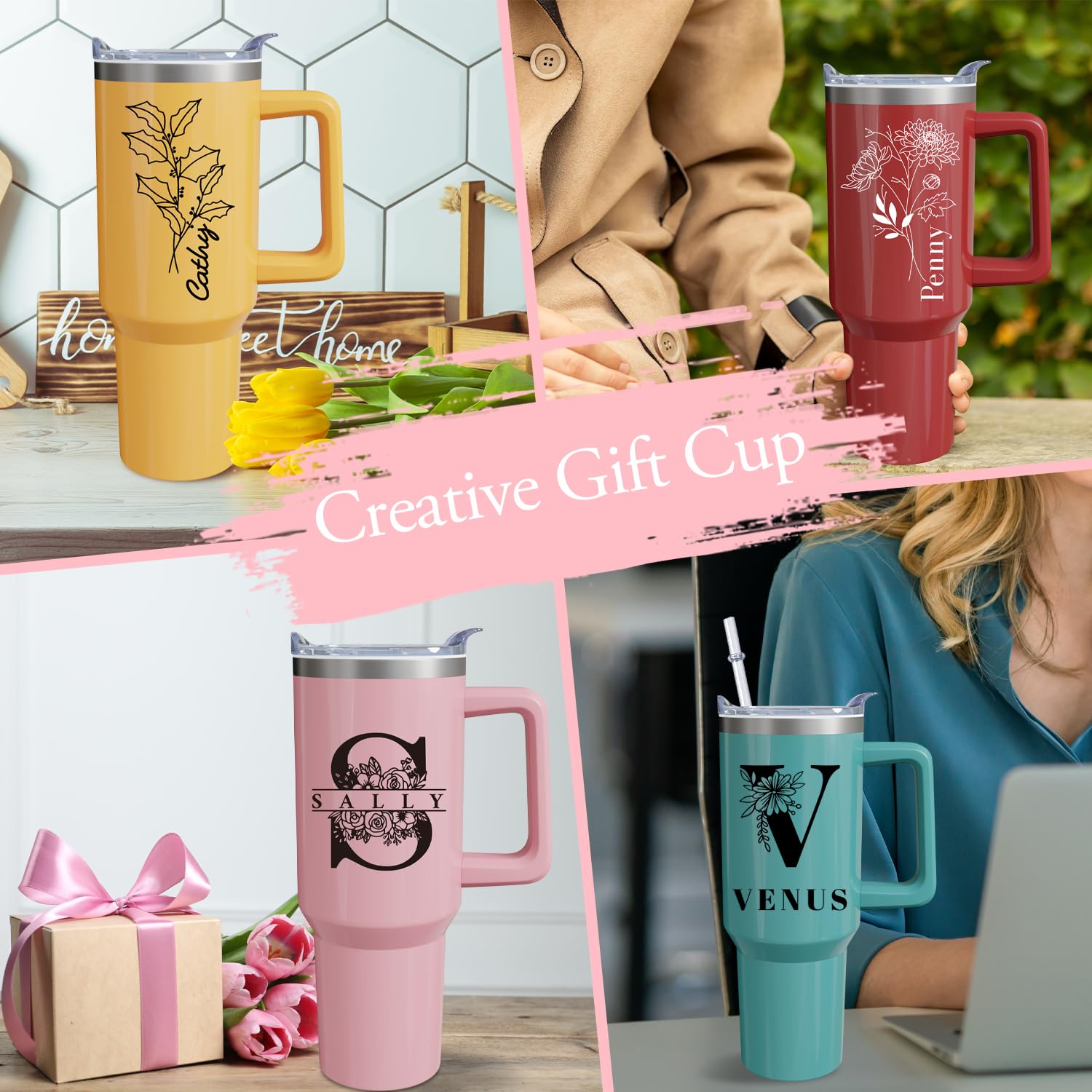 Personalized Gifts 40 Oz Tumbler with Handle and Straw Lid, with Initials Stainless Steel Vacuum Insulated Cup, Custom Water Bottle Travel Mug, Customized Monogram Gift for Women Men