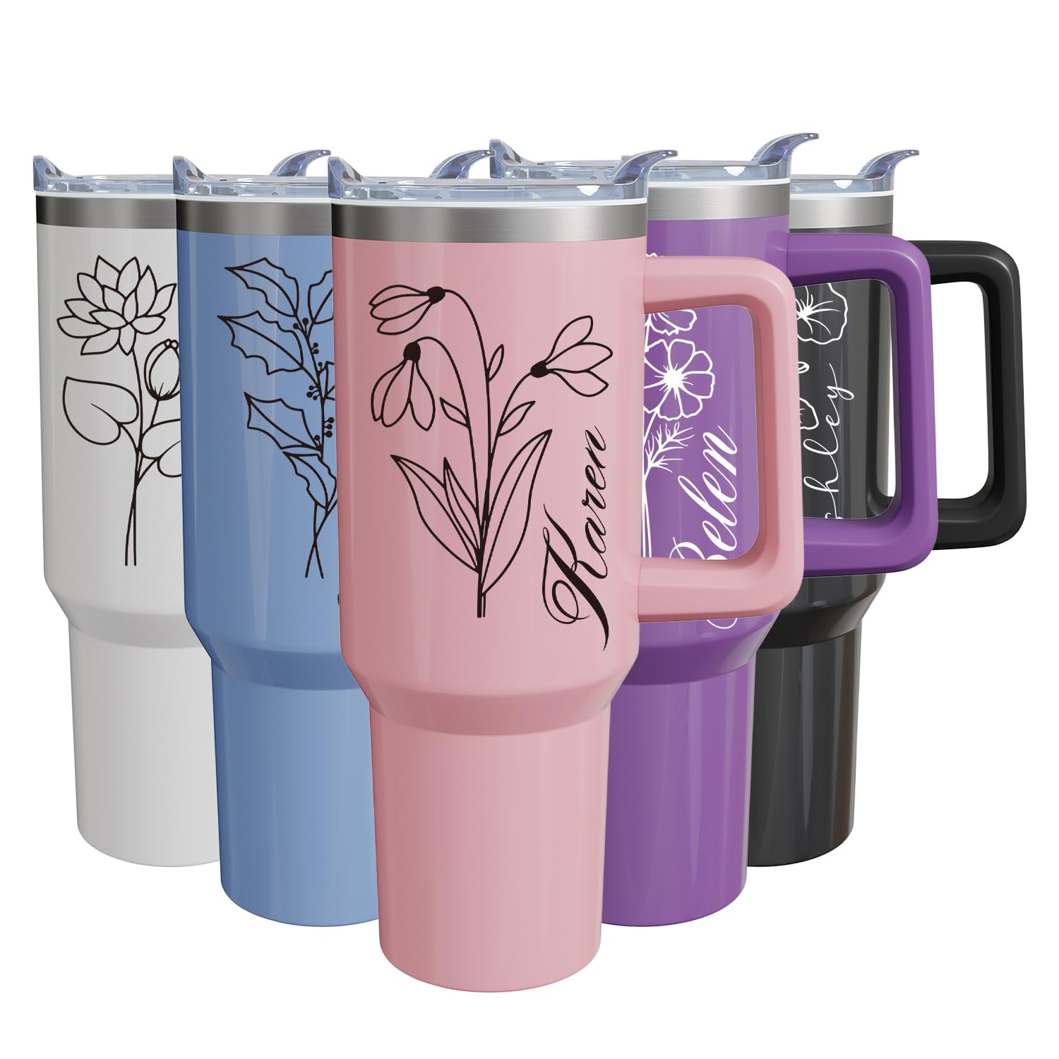 Personalized Gifts 40 Oz Tumbler with Handle and Straw Lid with Names and Birth Flower, Custom Stainless Steel Double Walled Vacuum Insulated Cup, Customized Photo Gifts for Women Men
