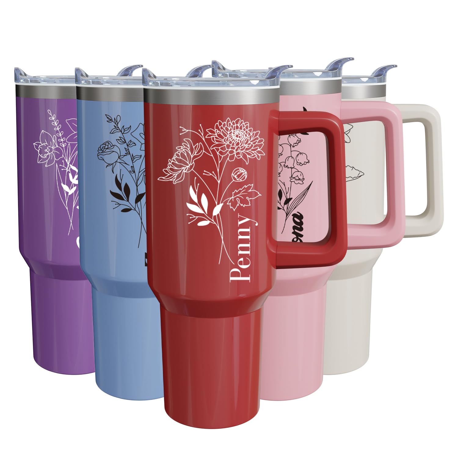 Personalized Gifts 40 Oz Tumbler with Handle and Straw Lid, with Names and Birth Flower Travel Coffee Mug, Custom Stainless Steel Double Walled Insulated Cup, Customized Gifts for Women Men Friend