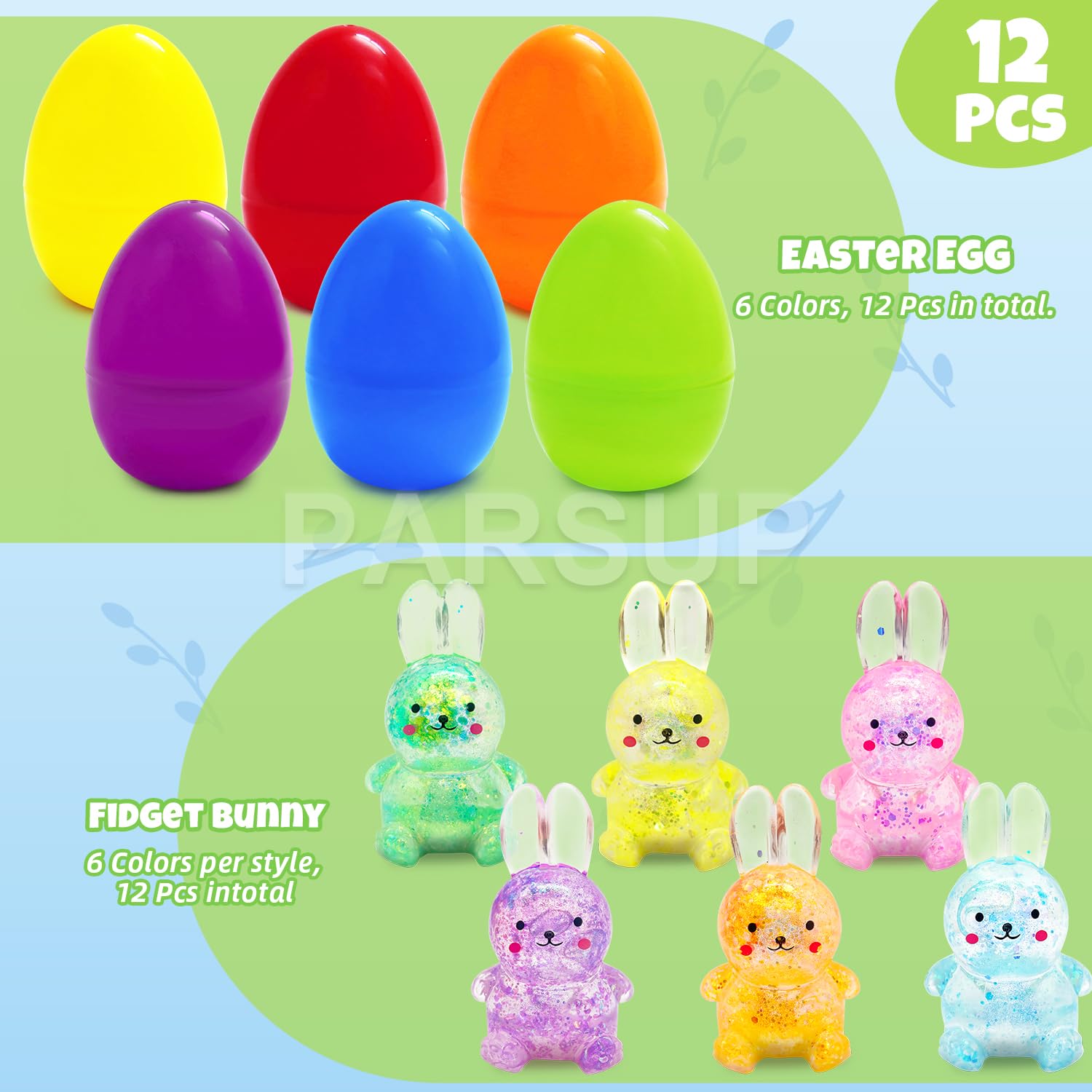 PARSUP 12PCS Easter Marble Eggs with Fidget Bunny for Easter Theme Party Favors, Supplies for Easter Egg Hunt, Basket Stuffers/Fillers, Classroom Prize Supplies Toddler Boys Girls