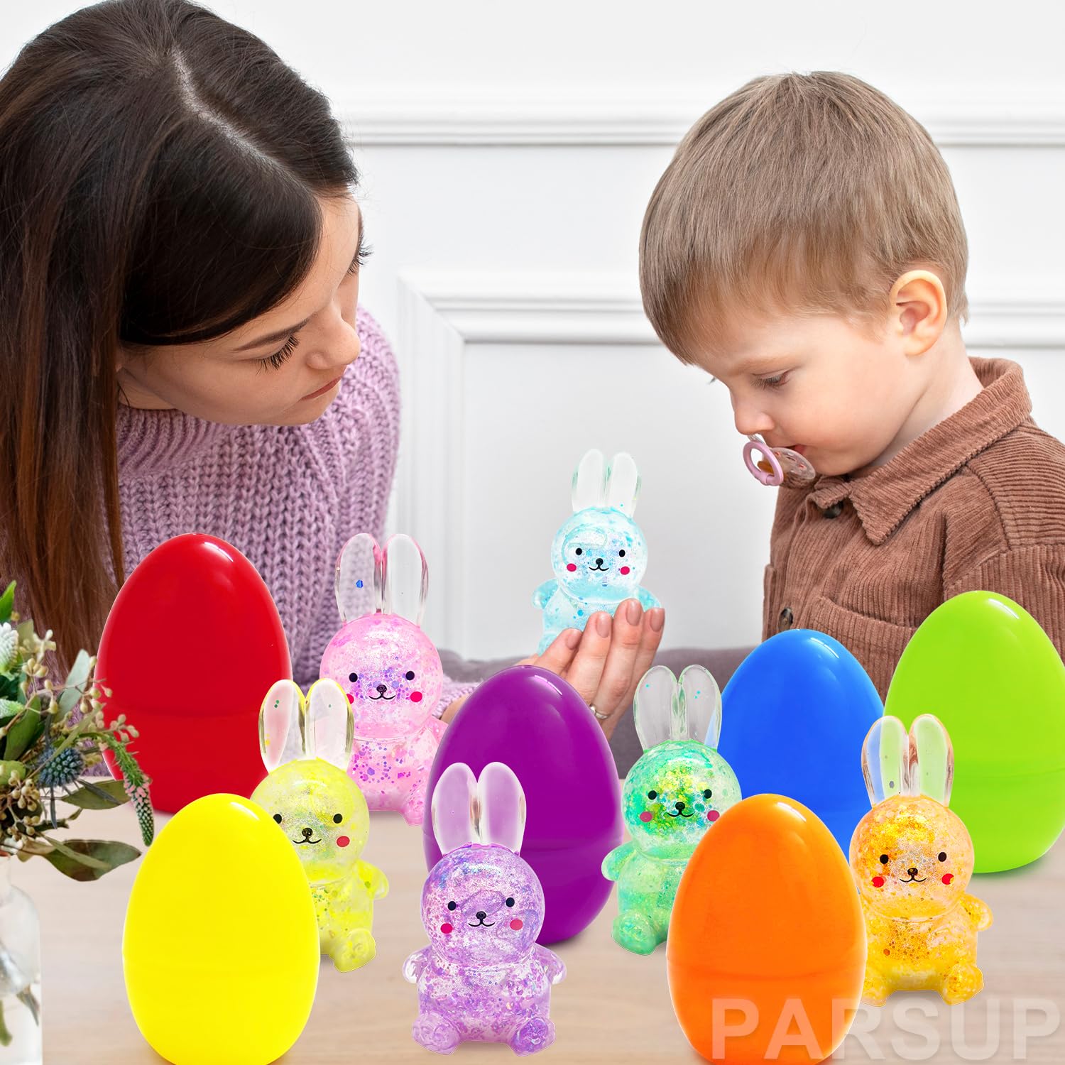 PARSUP 12PCS Easter Marble Eggs with Fidget Bunny for Easter Theme Party Favors, Supplies for Easter Egg Hunt, Basket Stuffers/Fillers, Classroom Prize Supplies Toddler Boys Girls
