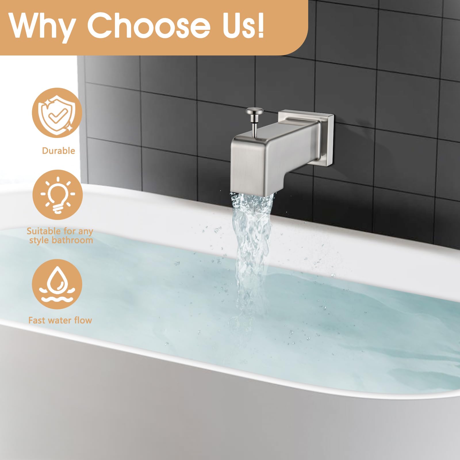 YASINU Slip On Diverter Tub Spout, Sleek Square Design for Bathroom, Fits 1/2" Copper Pipe (5/8" OD), Child-Safe Rounded Edges, Easy Installation, Brushed Nickel