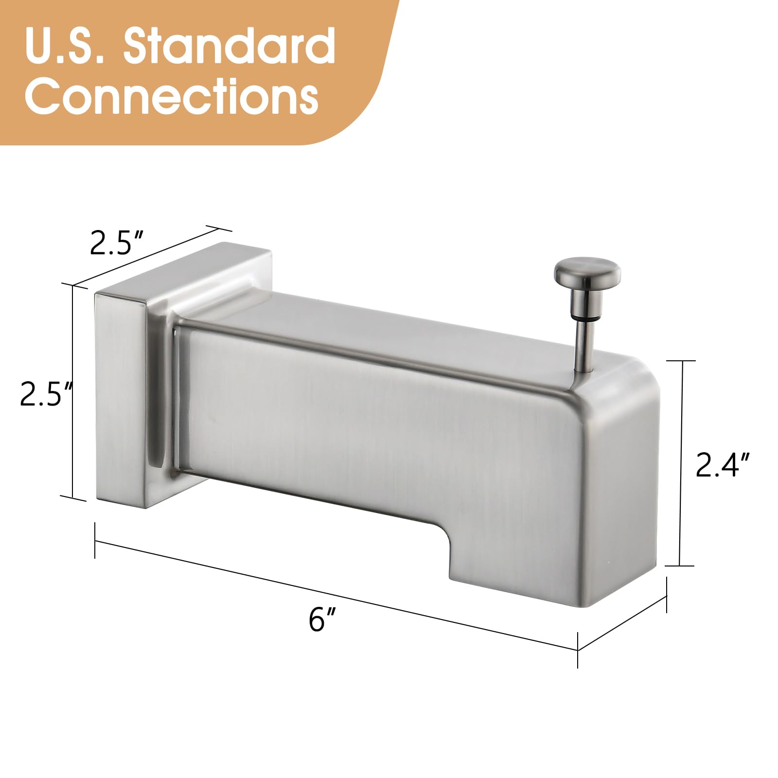 YASINU Slip On Diverter Tub Spout, Sleek Square Design for Bathroom, Fits 1/2" Copper Pipe (5/8" OD), Child-Safe Rounded Edges, Easy Installation, Brushed Nickel