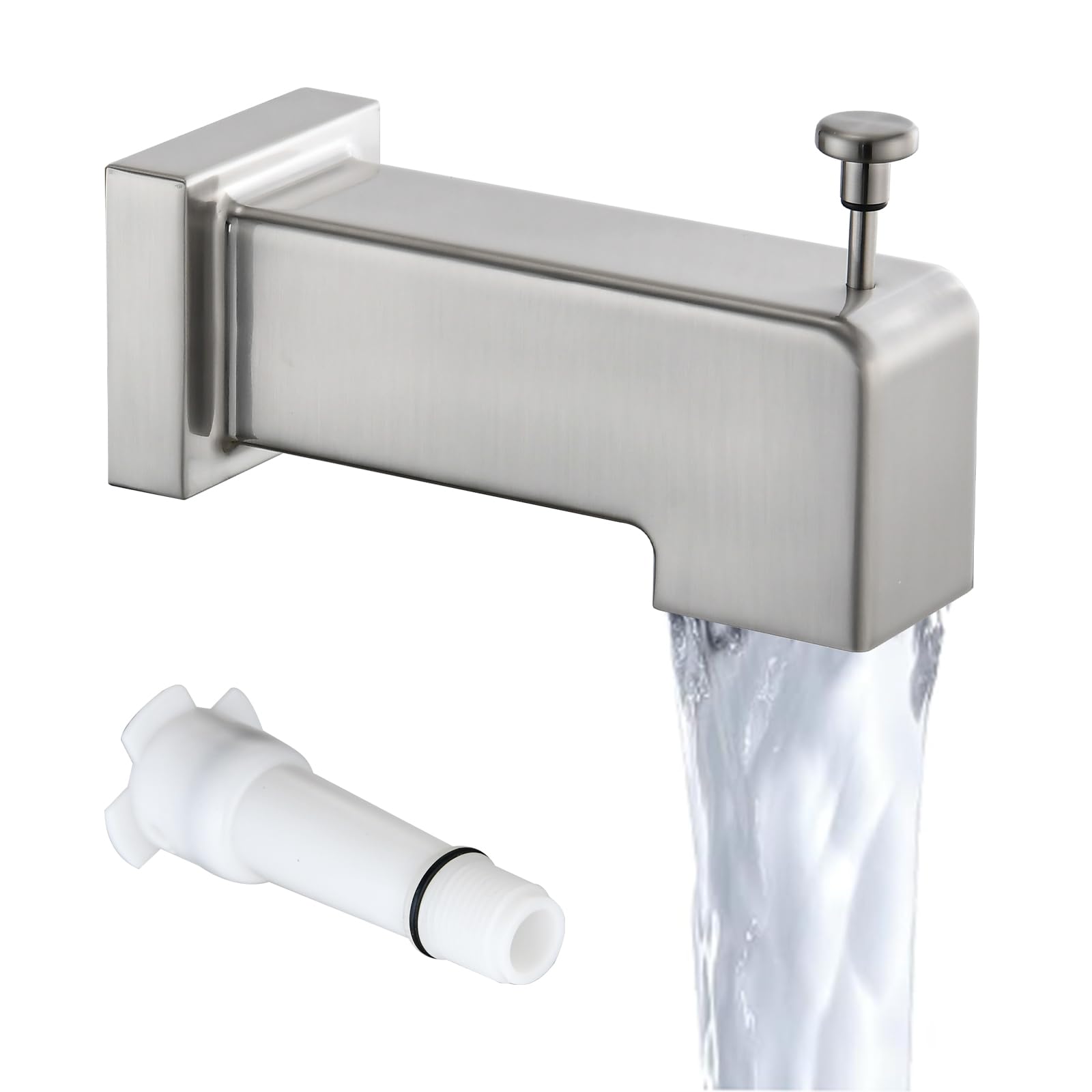 YASINU Slip On Diverter Tub Spout, Sleek Square Design for Bathroom, Fits 1/2" Copper Pipe (5/8" OD), Child-Safe Rounded Edges, Easy Installation, Brushed Nickel