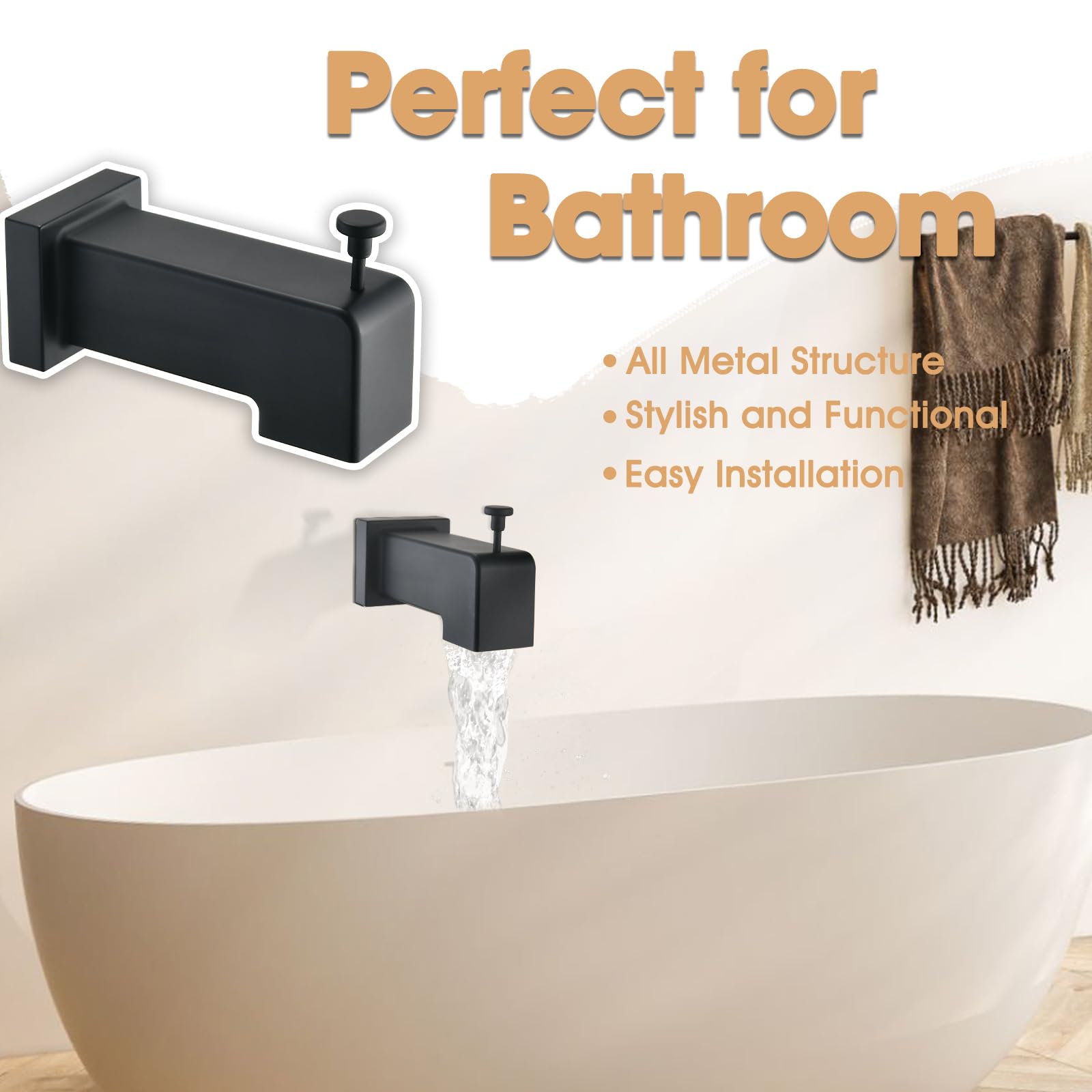 YASINU Slip On Diverter Tub Spout, Sleek Square Design for Bathroom, Fits 1/2" Copper Pipe (5/8" OD), Child-Safe Rounded Edges, Easy Installation, Matte Black