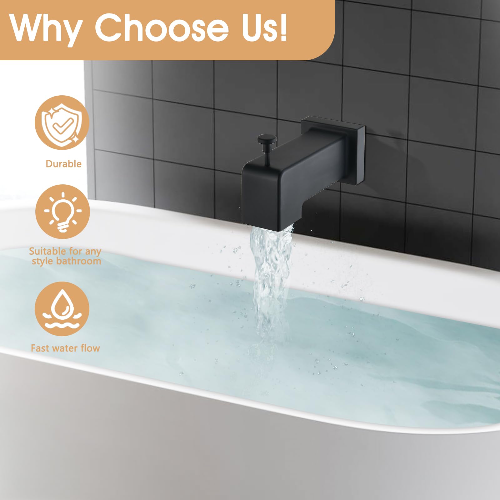 YASINU Slip On Diverter Tub Spout, Sleek Square Design for Bathroom, Fits 1/2" Copper Pipe (5/8" OD), Child-Safe Rounded Edges, Easy Installation, Matte Black