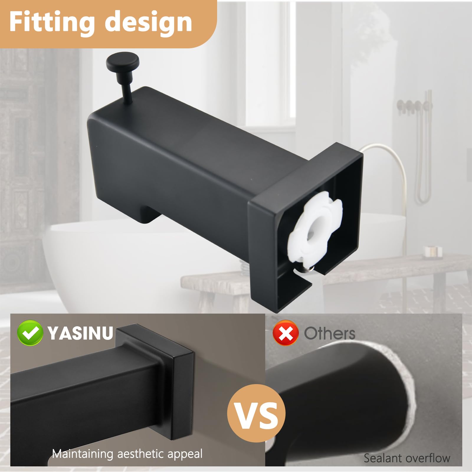 YASINU Slip On Diverter Tub Spout, Sleek Square Design for Bathroom, Fits 1/2" Copper Pipe (5/8" OD), Child-Safe Rounded Edges, Easy Installation, Matte Black
