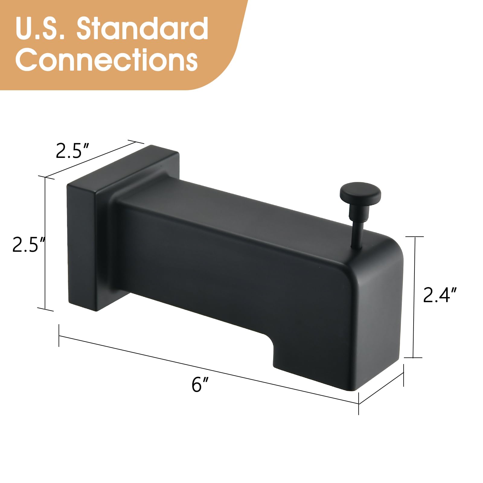 YASINU Slip On Diverter Tub Spout, Sleek Square Design for Bathroom, Fits 1/2" Copper Pipe (5/8" OD), Child-Safe Rounded Edges, Easy Installation, Matte Black
