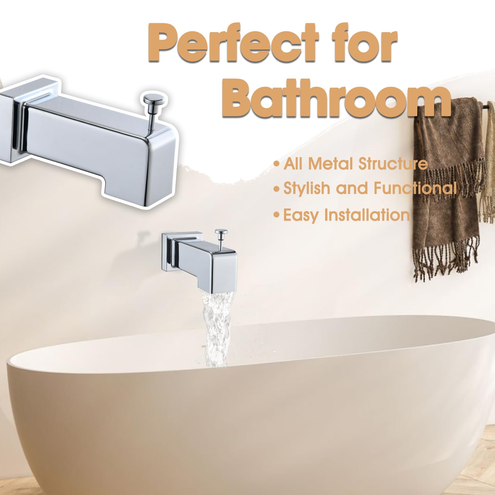 YASINU Slide-On Diverter Tub Spout - Sleek Square Design for Bathroom, Fits 1/2" Copper Pipe (5/8" OD), Child-Safe Rounded Edges, Easy Installation, Chrome