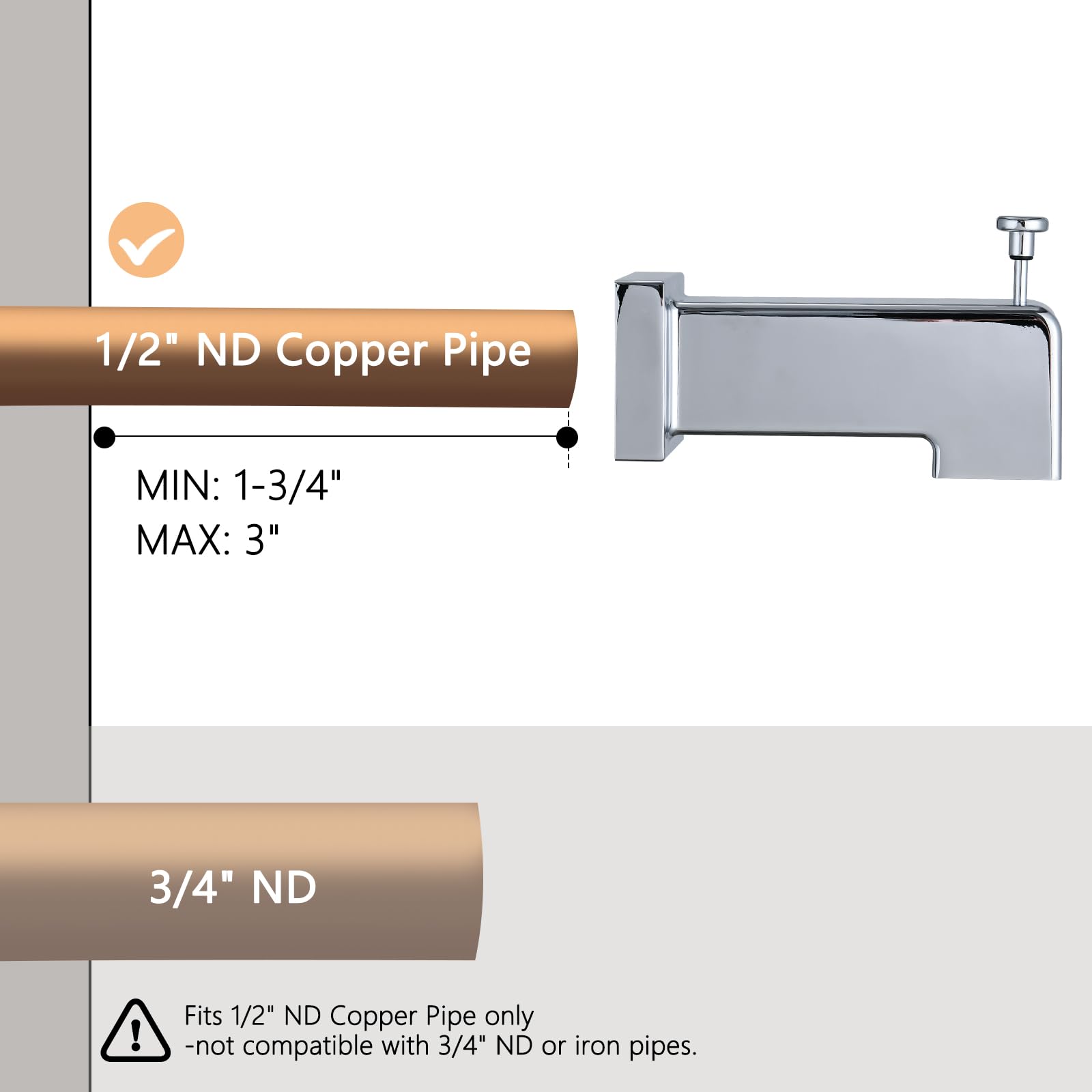 YASINU Slide-On Diverter Tub Spout - Sleek Square Design for Bathroom, Fits 1/2" Copper Pipe (5/8" OD), Child-Safe Rounded Edges, Easy Installation, Chrome