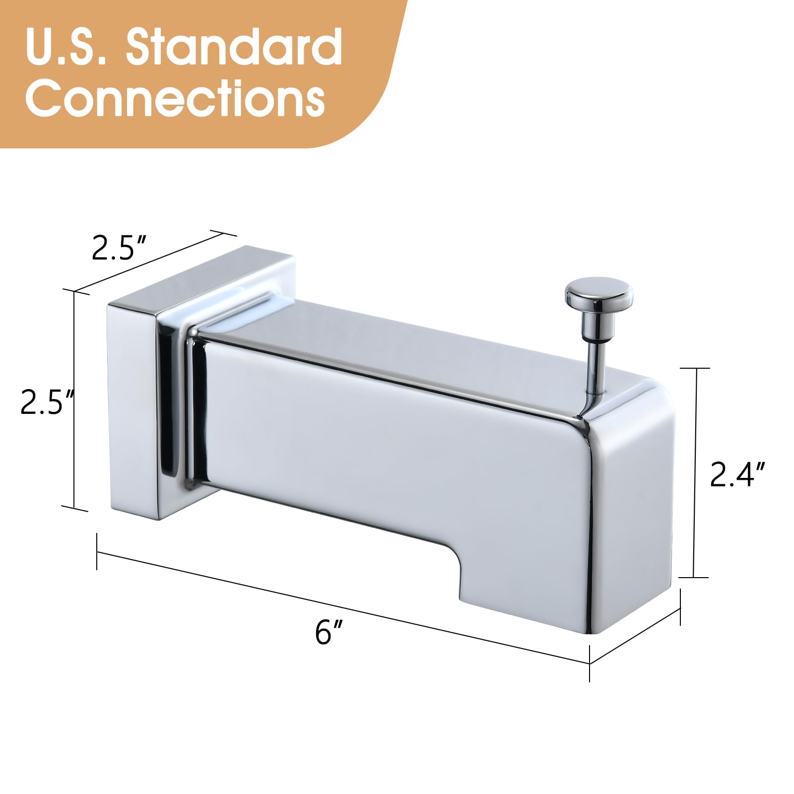 YASINU Slide-On Diverter Tub Spout - Sleek Square Design for Bathroom, Fits 1/2" Copper Pipe (5/8" OD), Child-Safe Rounded Edges, Easy Installation, Chrome