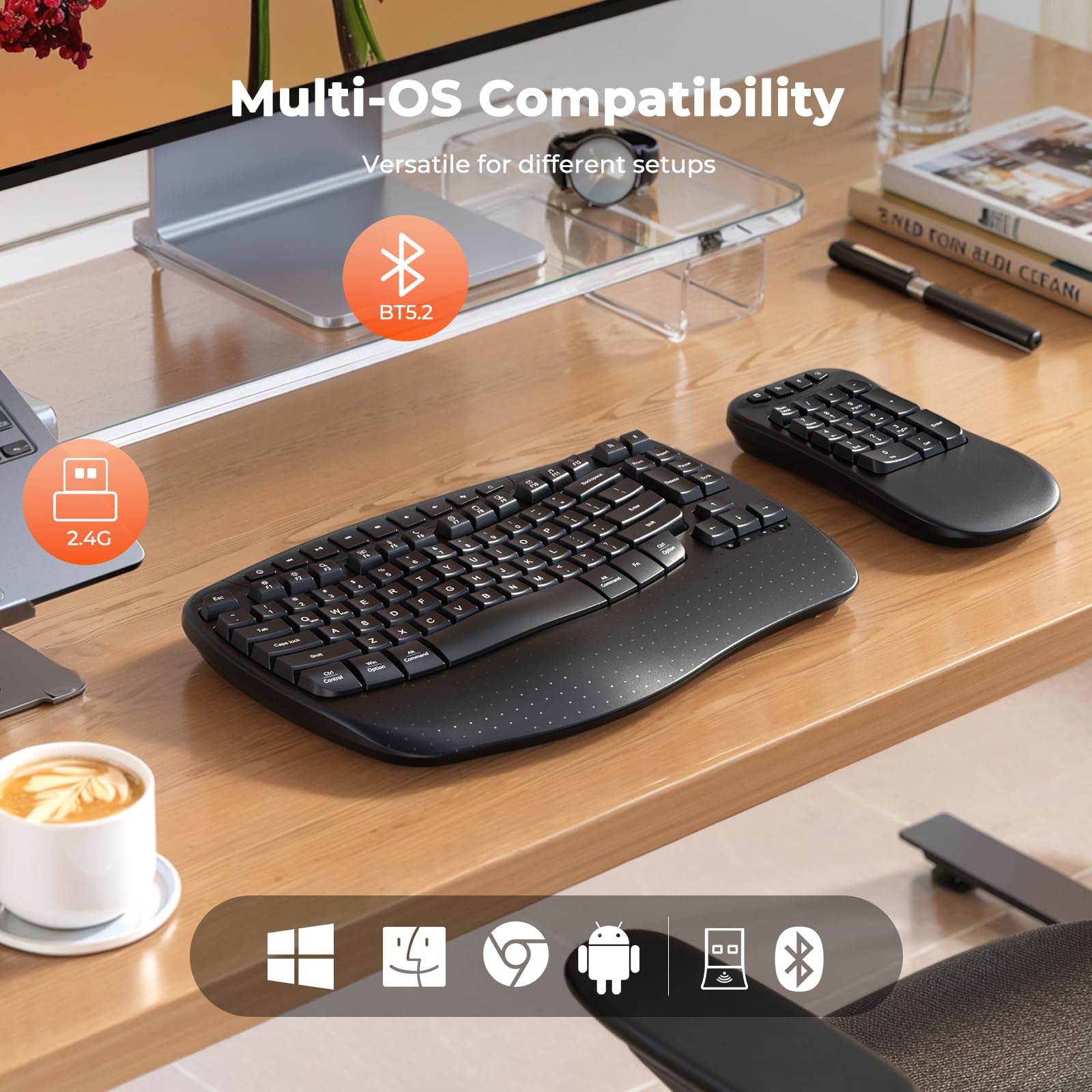 Meetion Master Wave Keys Ergonomic Wireless Keyboard, 2.4G Wireless/Bluetooth Split Keyboard with Wrist Rest, Separate Mini Numeric Keypad for Financial Accounting, for Mac/Windows/Laptop/PC/Tablet 
