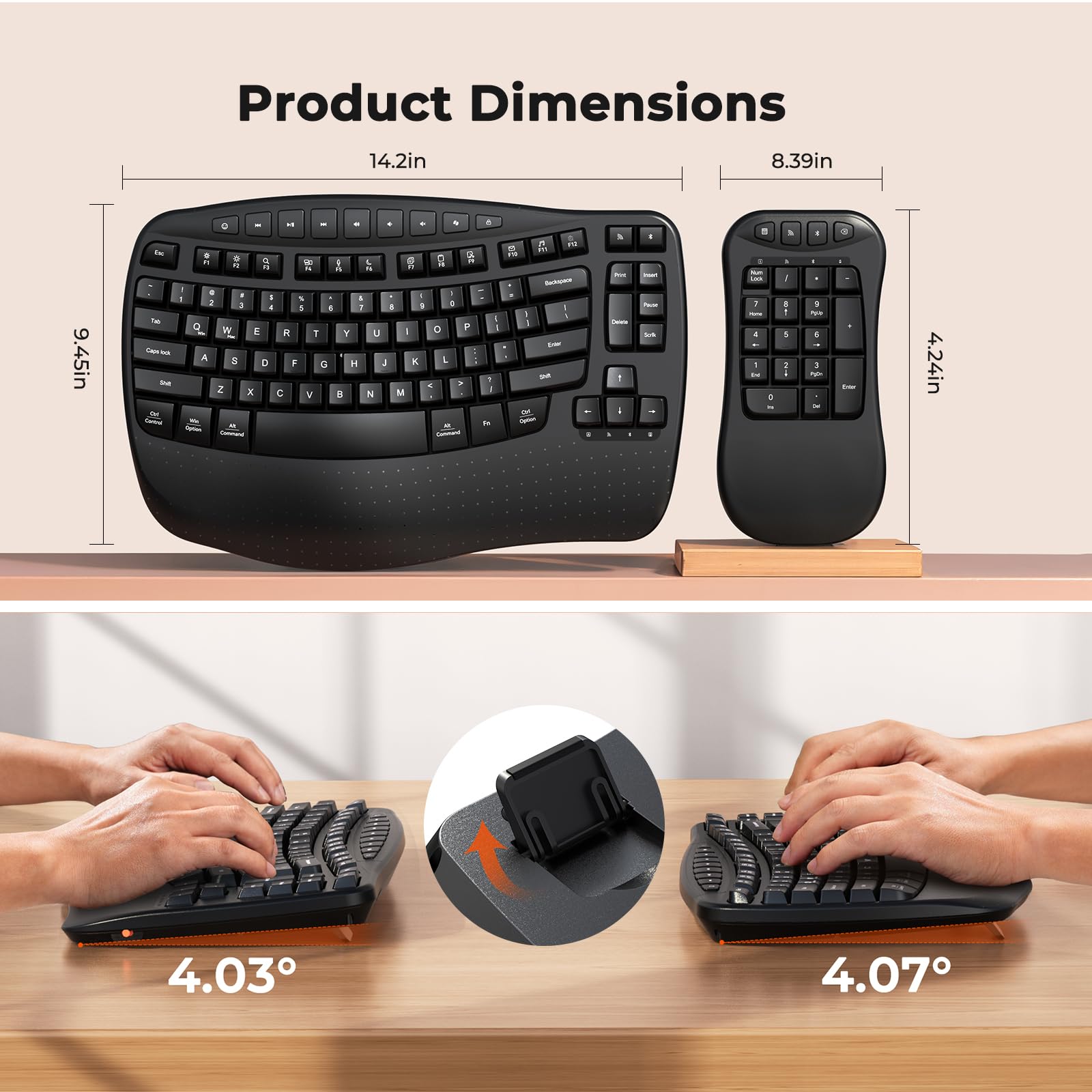 Meetion Master Wave Keys Ergonomic Wireless Keyboard, 2.4G Wireless/Bluetooth Split Keyboard with Wrist Rest, Separate Mini Numeric Keypad for Financial Accounting, for Mac/Windows/Laptop/PC/Tablet 