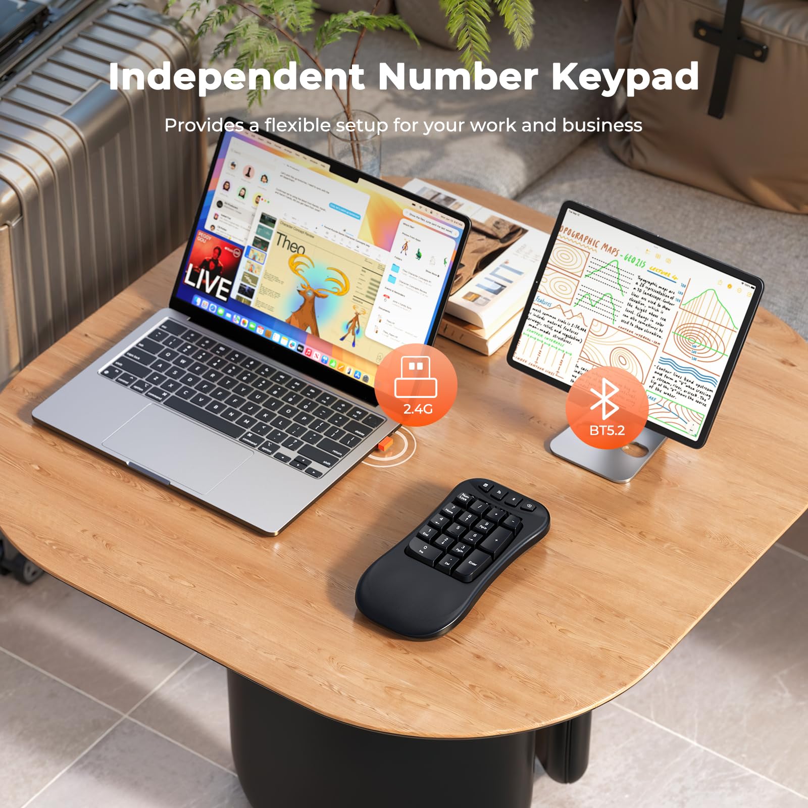 Meetion Master Wave Keys Ergonomic Wireless Keyboard, 2.4G Wireless/Bluetooth Split Keyboard with Wrist Rest, Separate Mini Numeric Keypad for Financial Accounting, for Mac/Windows/Laptop/PC/Tablet 