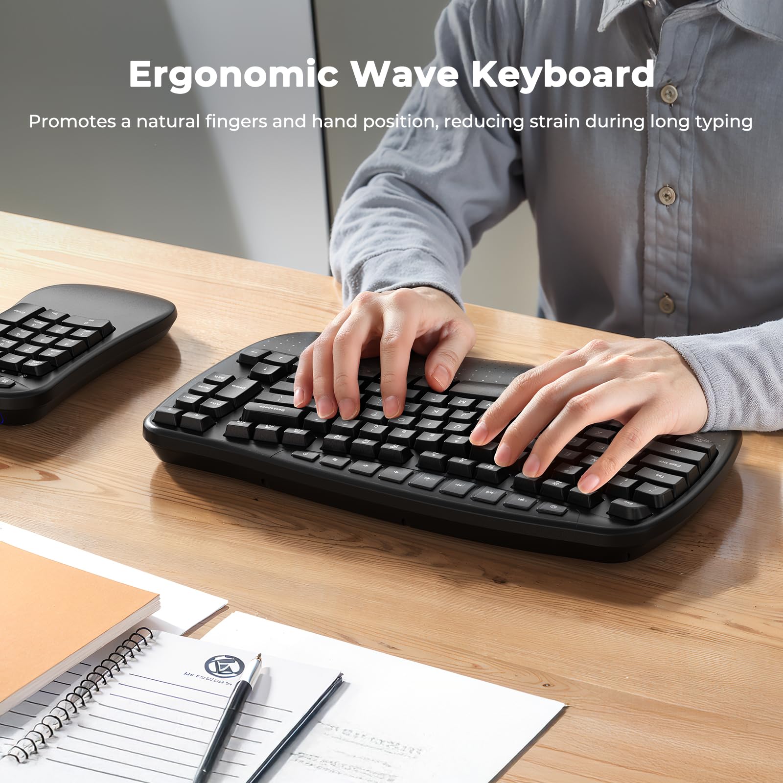 Meetion Master Wave Keys Ergonomic Wireless Keyboard, 2.4G Wireless/Bluetooth Split Keyboard with Wrist Rest, Separate Mini Numeric Keypad for Financial Accounting, for Mac/Windows/Laptop/PC/Tablet 