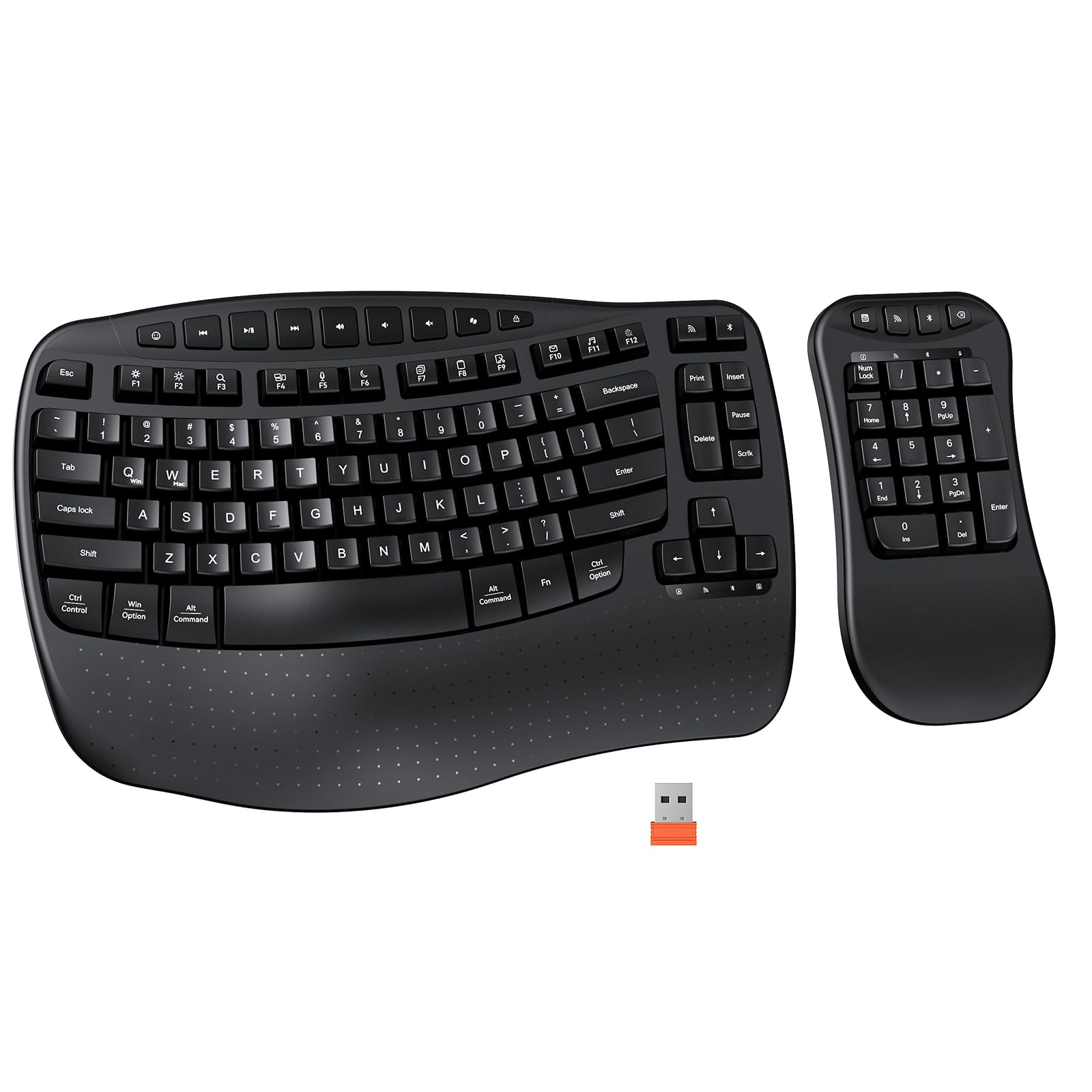 Meetion Master Wave Keys Ergonomic Wireless Keyboard, 2.4G Wireless/Bluetooth Split Keyboard with Wrist Rest, Separate Mini Numeric Keypad for Financial Accounting, for Mac/Windows/Laptop/PC/Tablet 