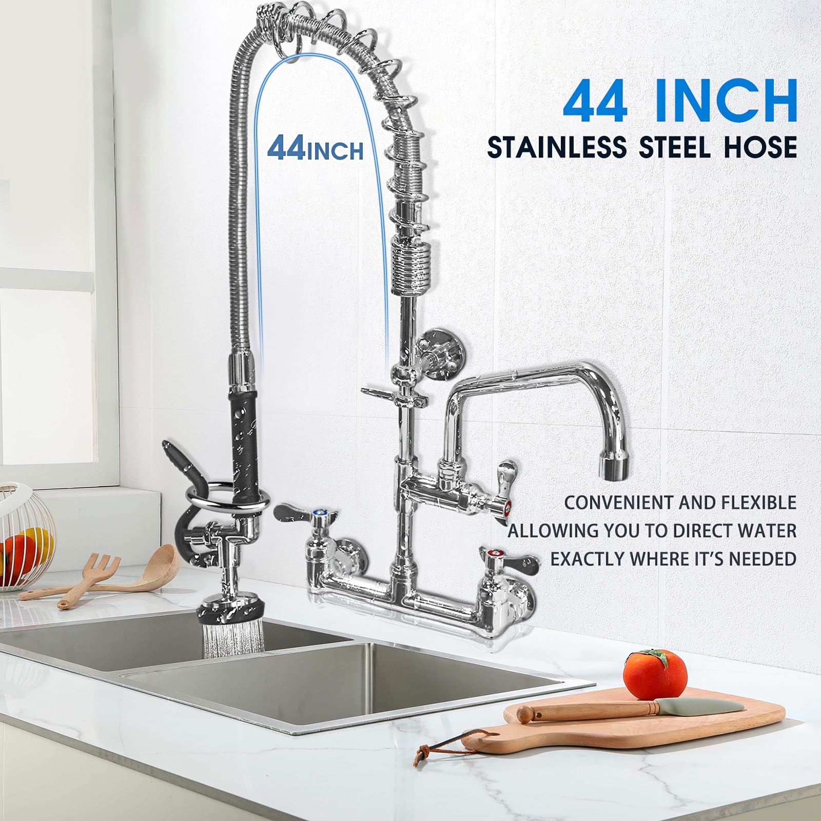 Spray Valve with 44" Flexible Stainless Steel Hose & Pre-Rinse Overhead Spring, Upgrade Universal Commercial Faucet Flexible Hose with Spray Head Replacement Kit