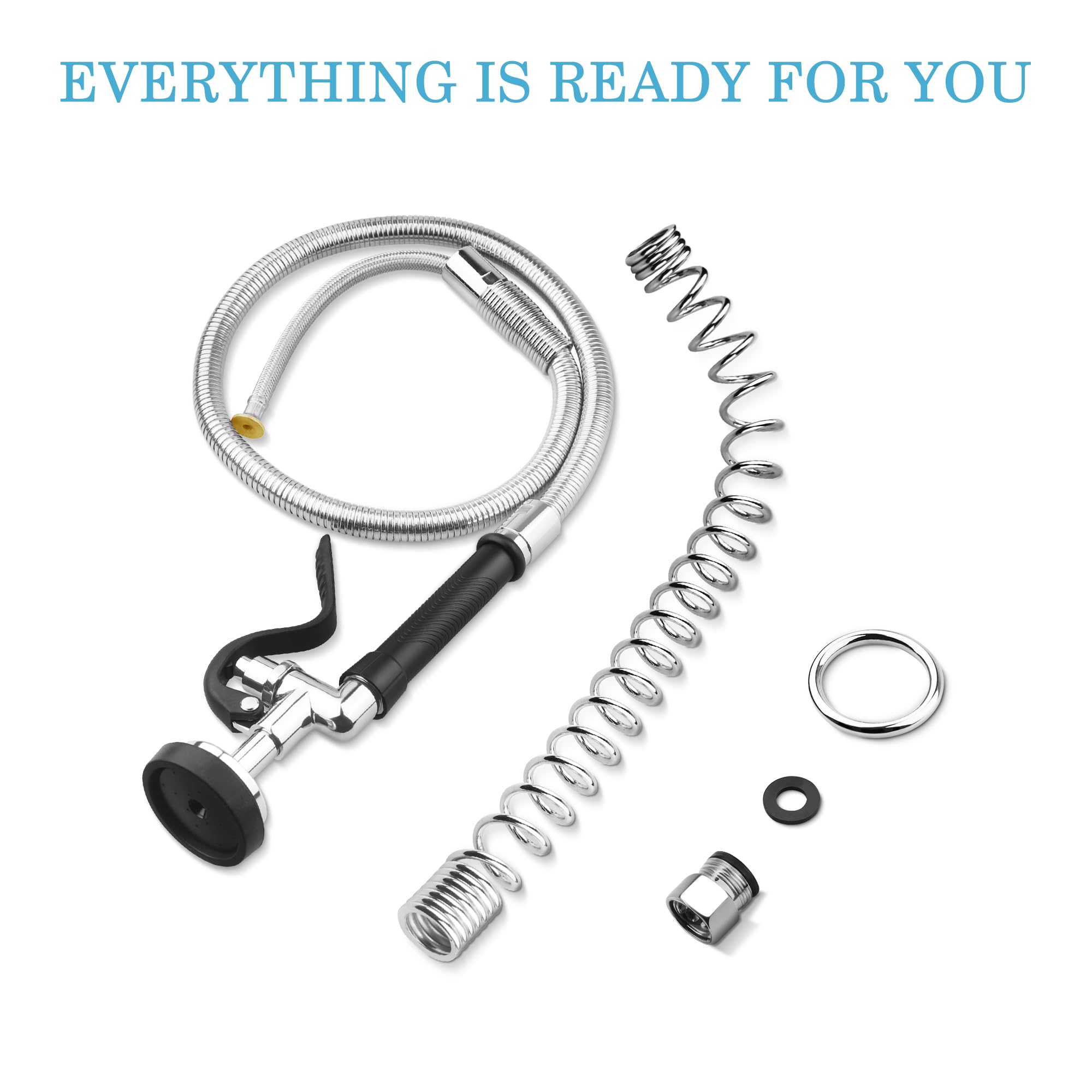 Spray Valve with 44" Flexible Stainless Steel Hose & Pre-Rinse Overhead Spring, Upgrade Universal Commercial Faucet Flexible Hose with Spray Head Replacement Kit