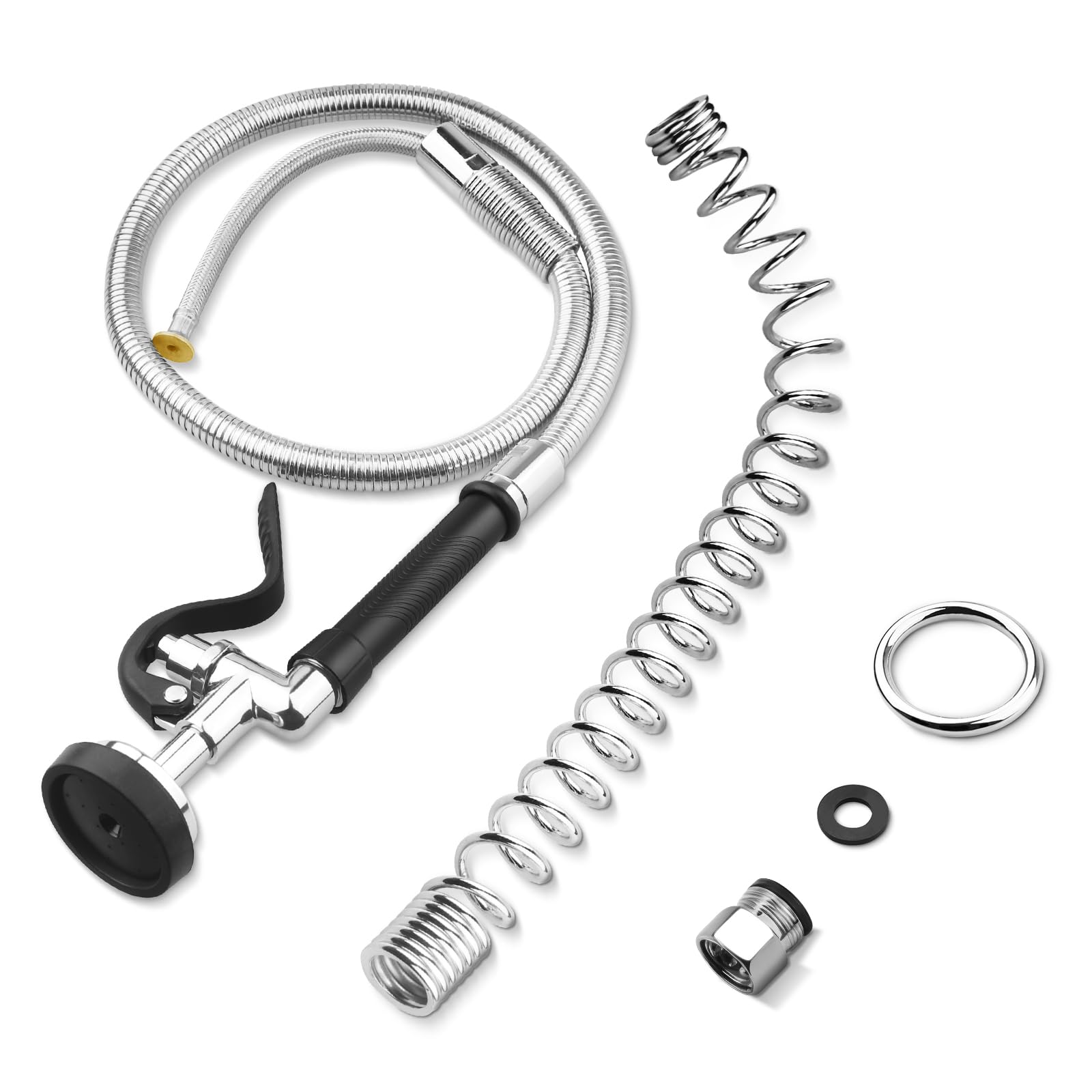Spray Valve with 44" Flexible Stainless Steel Hose & Pre-Rinse Overhead Spring, Upgrade Universal Commercial Faucet Flexible Hose with Spray Head Replacement Kit