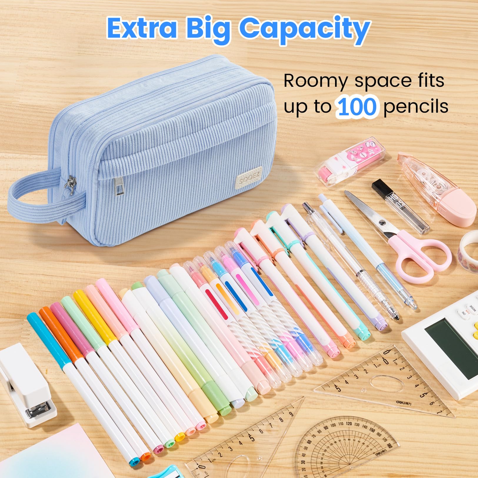 Sooez High Capacity Pencil Case, Soft Corduroy Pencil Pouch with 4 Compartments, Multiple Pockets, Large Pencil Bag with Sturdy Zipper, Cute Pencil Case Pouch Organizer for Student Teen Girls, Blue