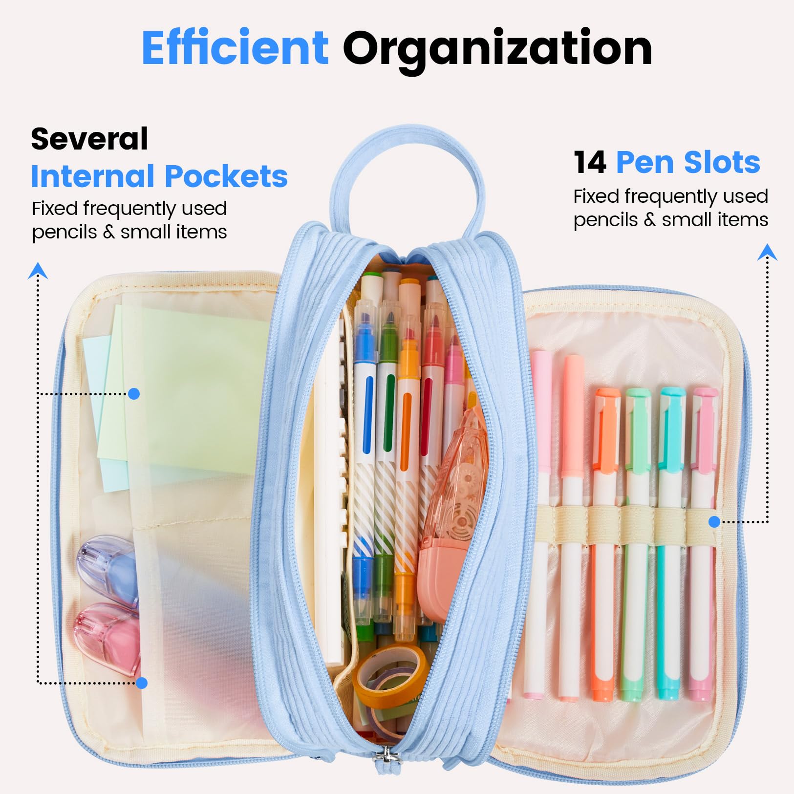 Sooez High Capacity Pencil Case, Soft Corduroy Pencil Pouch with 4 Compartments, Multiple Pockets, Large Pencil Bag with Sturdy Zipper, Cute Pencil Case Pouch Organizer for Student Teen Girls, Blue