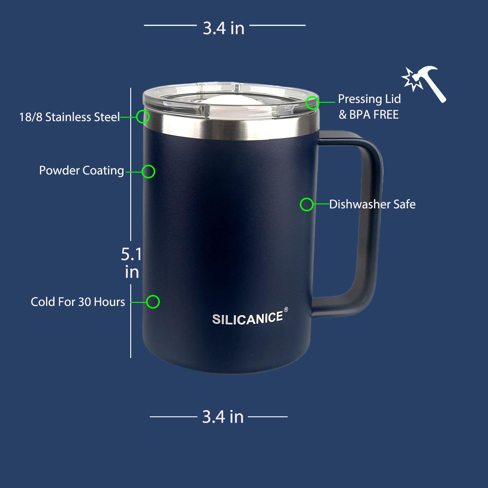 SILICANICE 14 oz Stainless Steel Vacuum Insulated Tumbler with handle & MacSlider Lid, Dishwasher Safe & Spill Proof Coffee Cup, Travel Mug for Hot/Cold Drinks, Durable Design - Navy