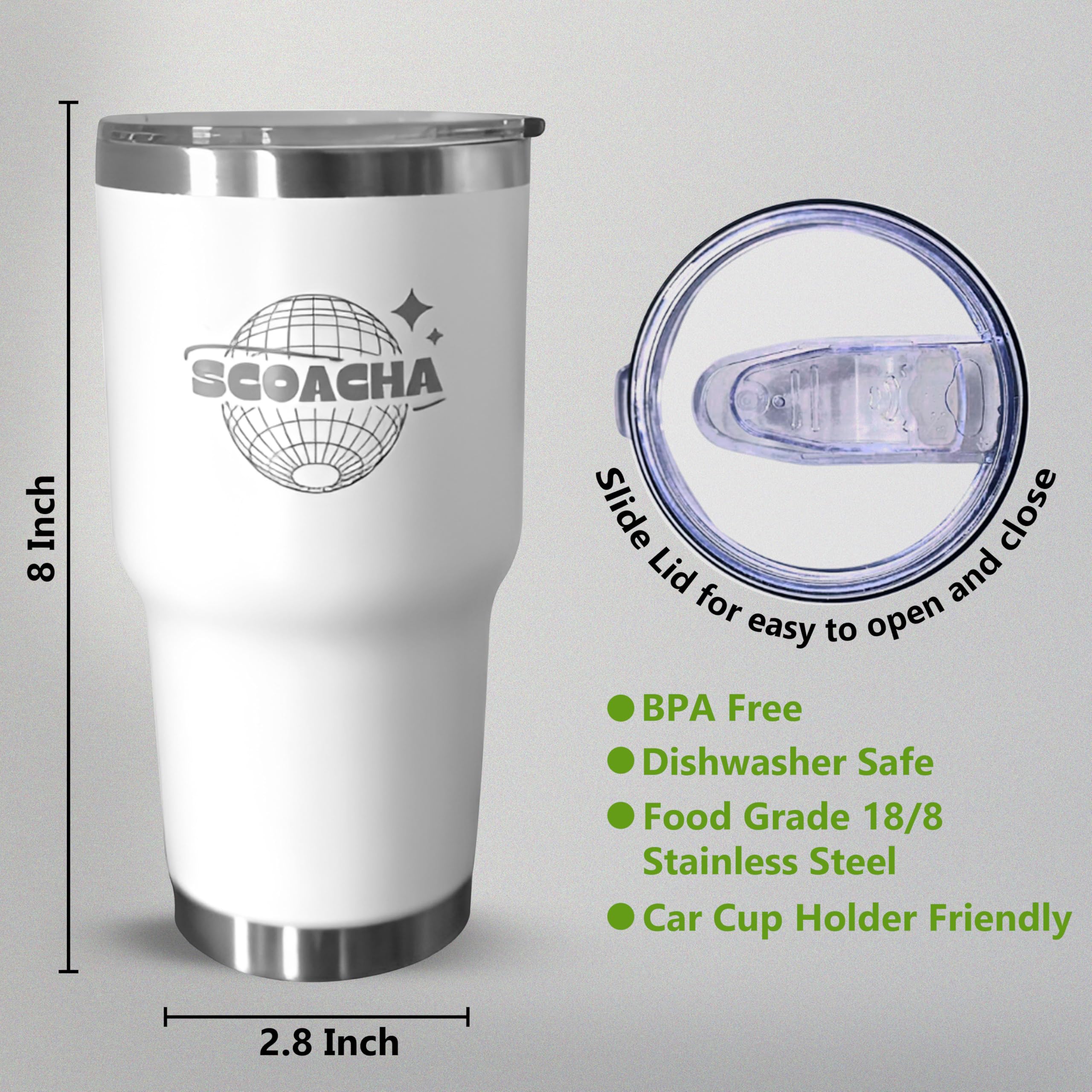 SCOACHA 30 oz Stainless Steel Double Wall Vacuum Insulated Travel Tumbler – Durable and Spill-Proof Lid – Perfect for On-the-Go, Work, and Outdoors. (White)