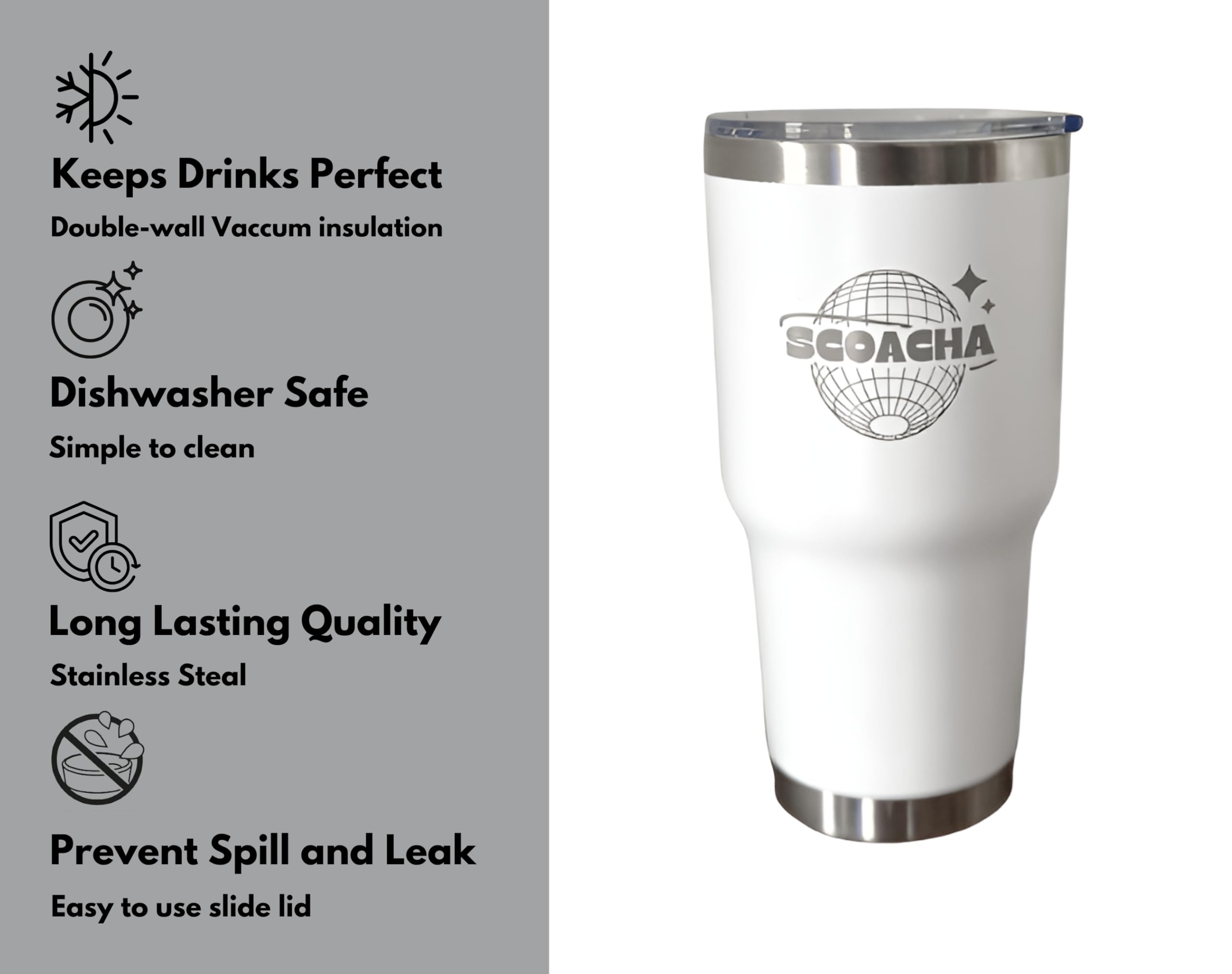 SCOACHA 30 oz Stainless Steel Double Wall Vacuum Insulated Travel Tumbler – Durable and Spill-Proof Lid – Perfect for On-the-Go, Work, and Outdoors. (White)