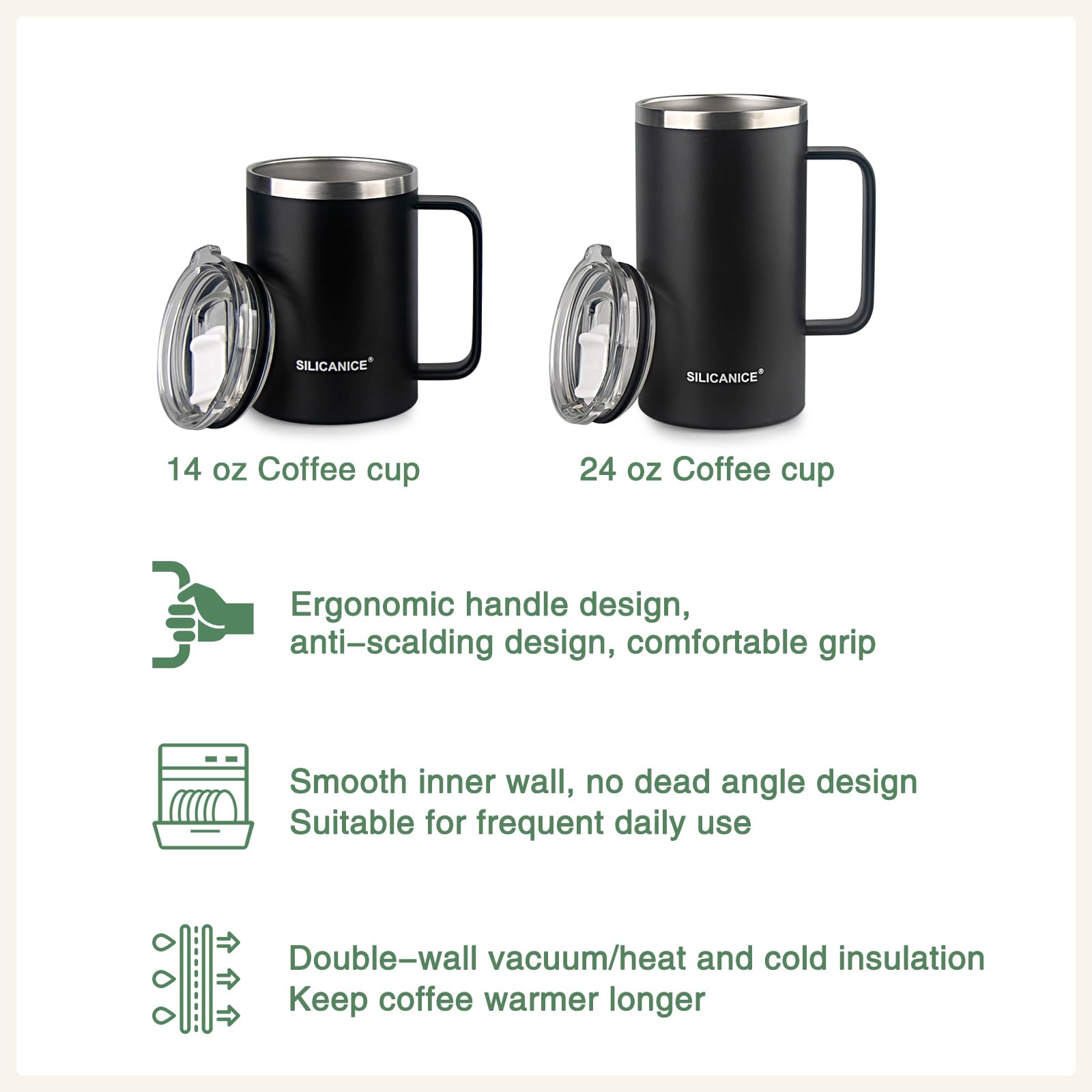 SILICANICE 24 oz stainless steel thermal coffee mug, double-layer insulation, easy to hold and clean, suitable for coffee, cola, protein powder, beer, car water cup