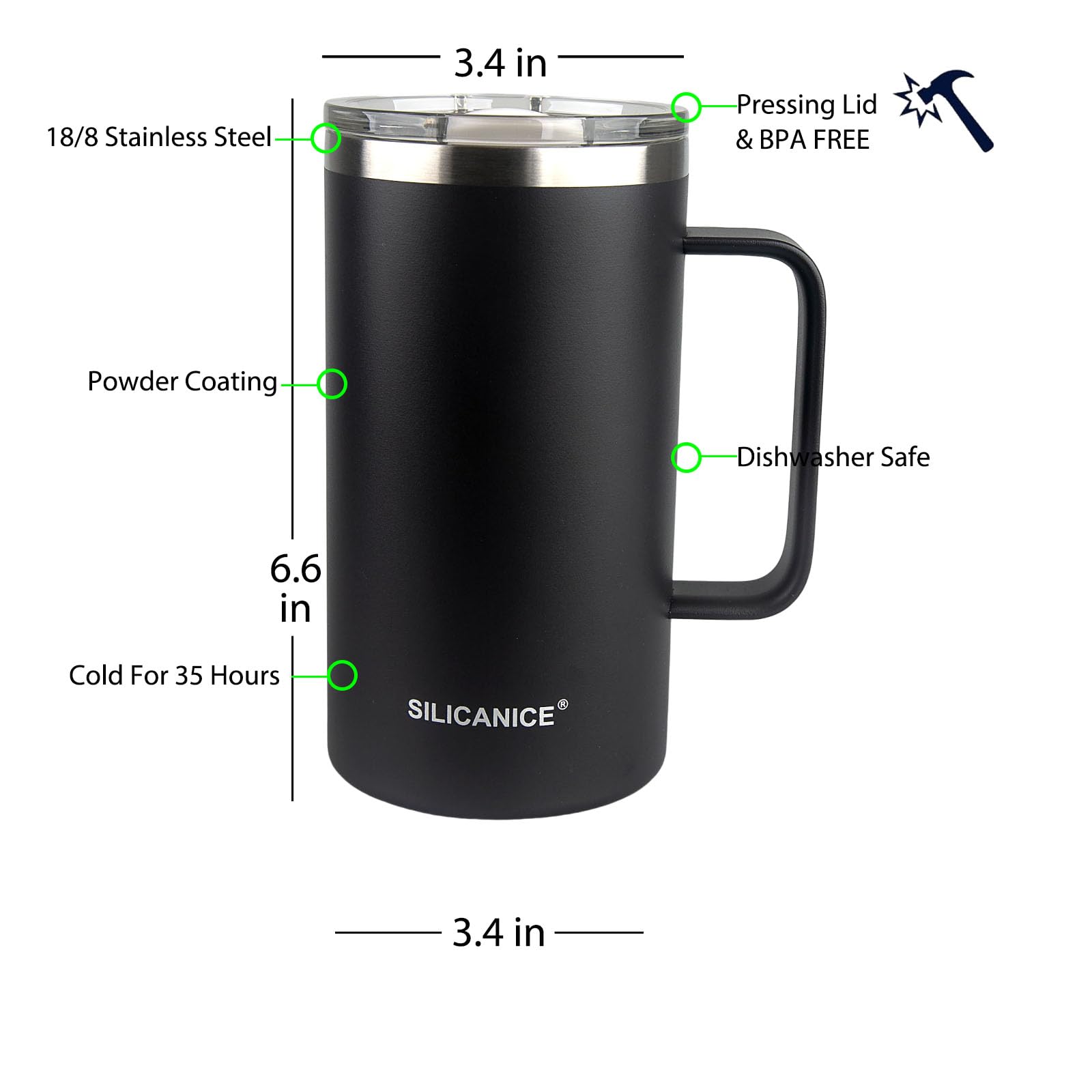 SILICANICE 24 oz stainless steel thermal coffee mug, double-layer insulation, easy to hold and clean, suitable for coffee, cola, protein powder, beer, car water cup