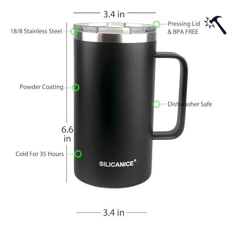 SILICANICE 24 oz Stainless Steel Vacuum Insulated Tumbler with handle & MacSlider Lid, Dishwasher Safe & Spill Proof Coffee Cup, Travel Mug for Hot/Cold Drinks, Durable Design (Gray 2.4, 24 Oz)