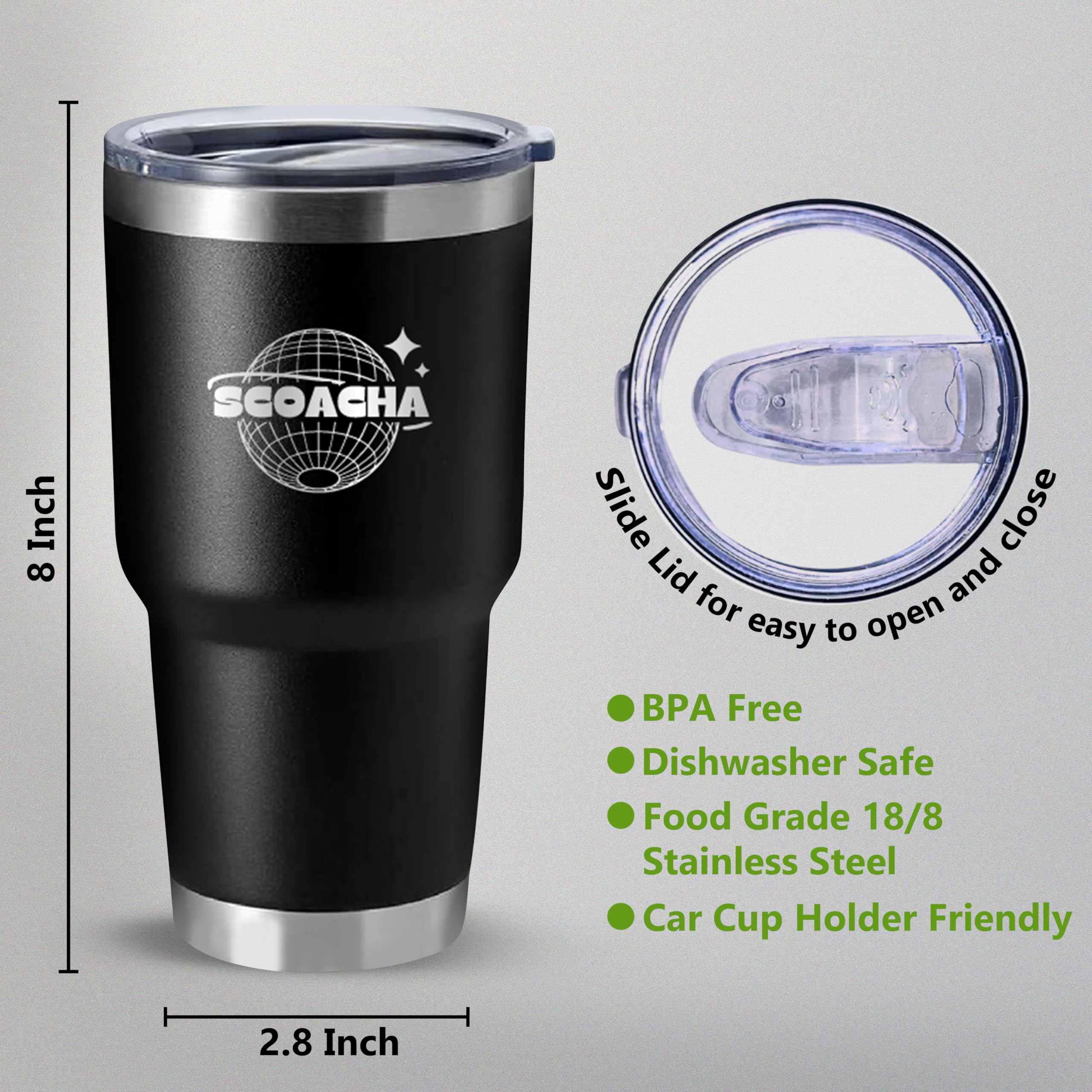 SCOACHA 30 oz Stainless Steel Double Wall Vacuum Insulated Travel Tumbler β Durable and Spill-Proof Lid β Perfect for On-the-Go, Work, and Outdoors. (Black)