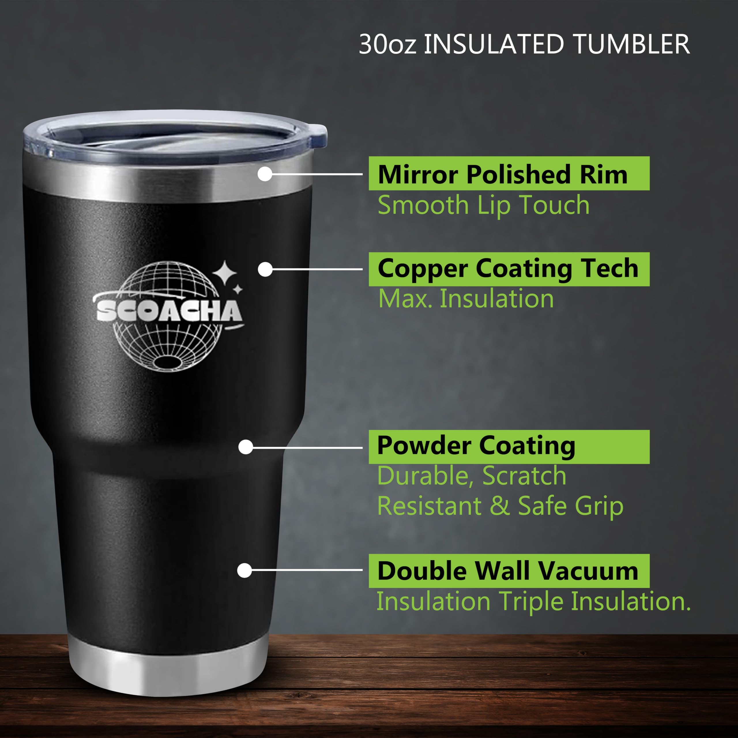 SCOACHA 30 oz Stainless Steel Double Wall Vacuum Insulated Travel Tumbler β Durable and Spill-Proof Lid β Perfect for On-the-Go, Work, and Outdoors. (Black)