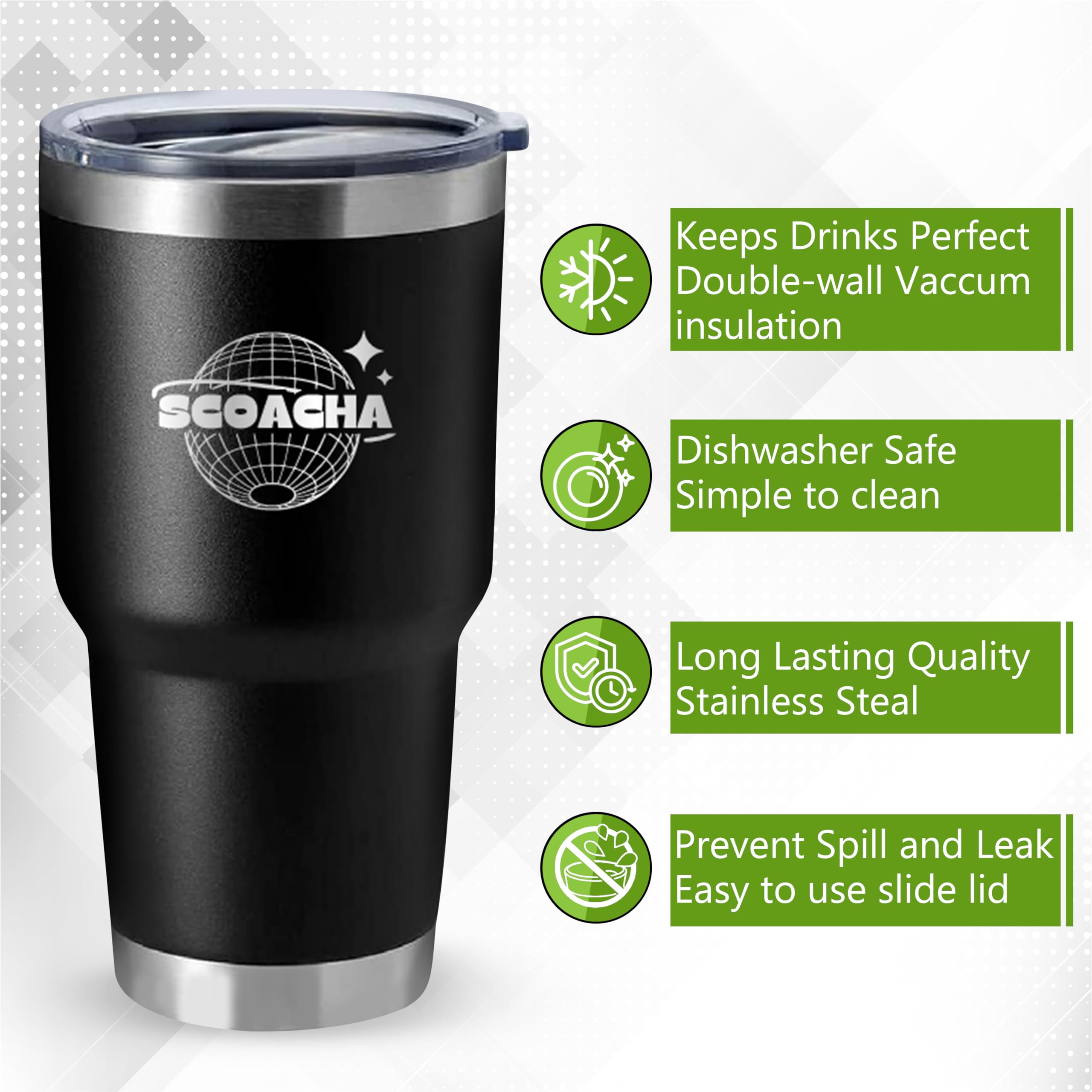 SCOACHA 30 oz Stainless Steel Double Wall Vacuum Insulated Travel Tumbler β Durable and Spill-Proof Lid β Perfect for On-the-Go, Work, and Outdoors. (Black)