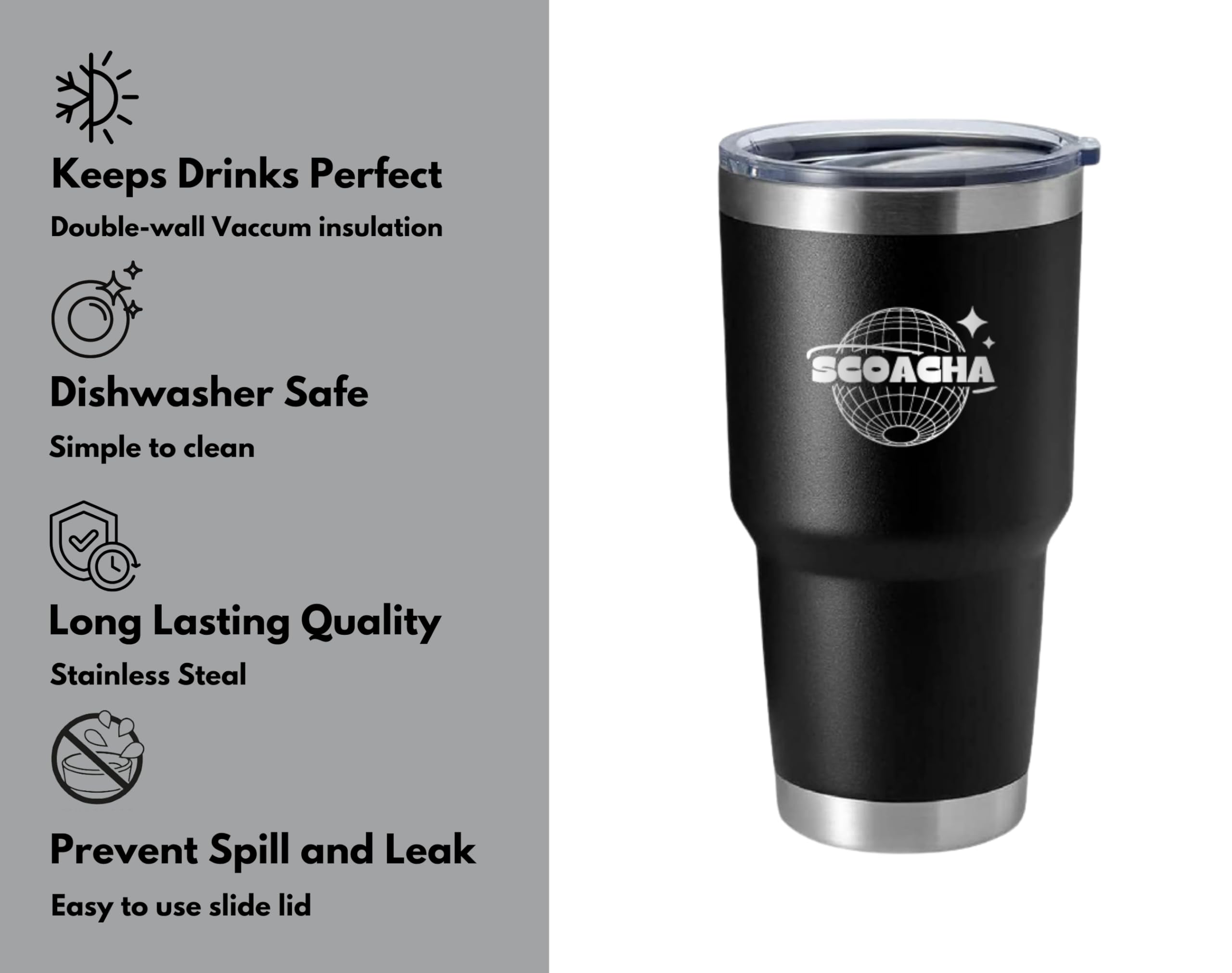 SCOACHA 30 oz Stainless Steel Double Wall Vacuum Insulated Travel Tumbler β Durable and Spill-Proof Lid β Perfect for On-the-Go, Work, and Outdoors. (Black)
