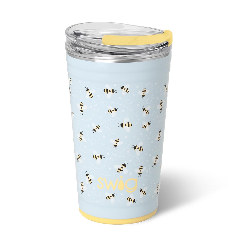 Swig Life 24oz Party Cup, Stackable Insulated Travel Coffee Tumbler with EZ Slider Lid, Cup Holder Friendly Travel Thermos, Stainless Steel 24 oz Tumbler, Reusable Coffee Mug (Busy Bee)