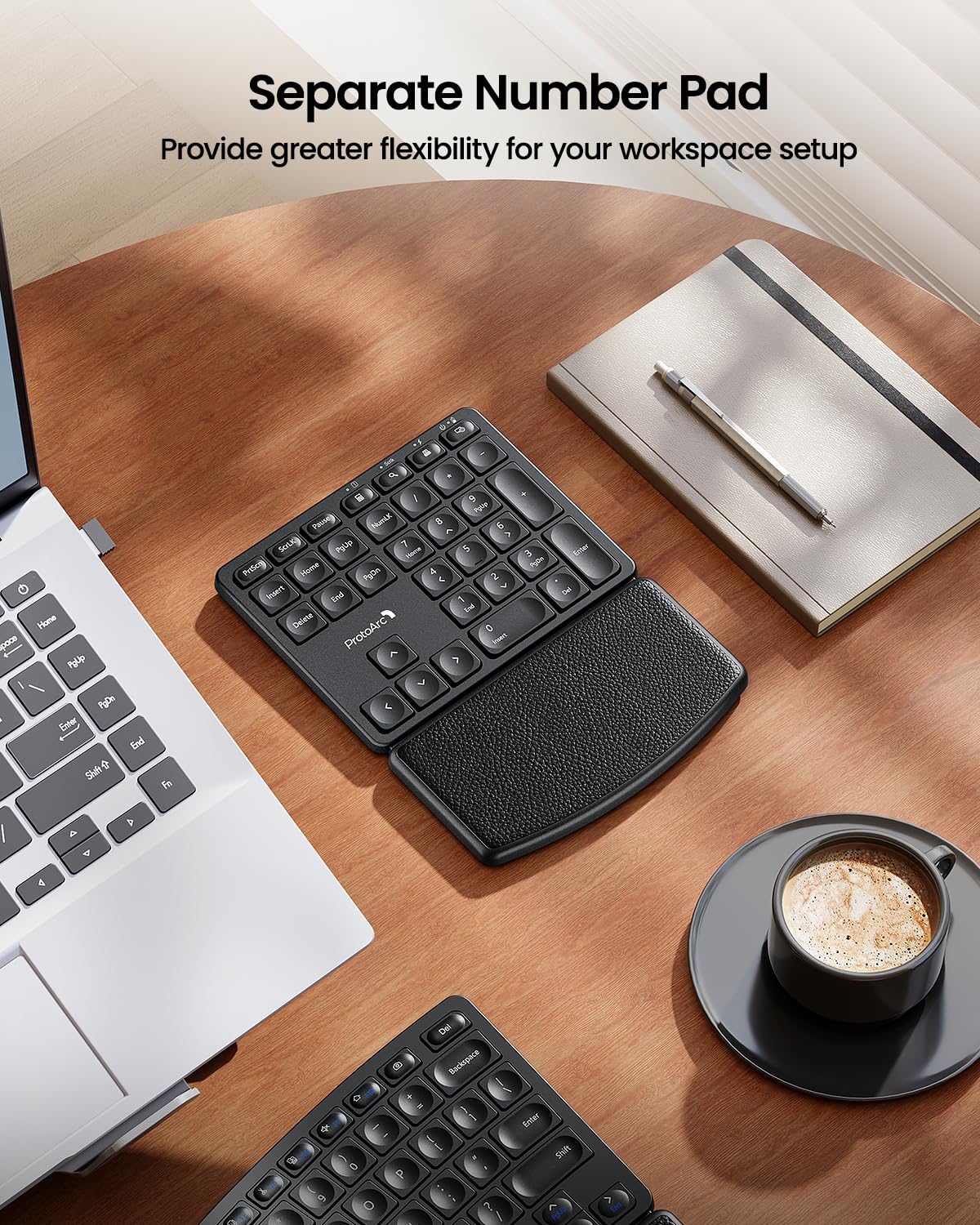 ProtoArc Wireless Ergonomic Keyboard, EK04 2.4GHz Wireless Ergo Keyboard with Separate Numeric Keypad, Split Design, Wrist Rest, Rechargeable, for Desktop, PC, Laptop