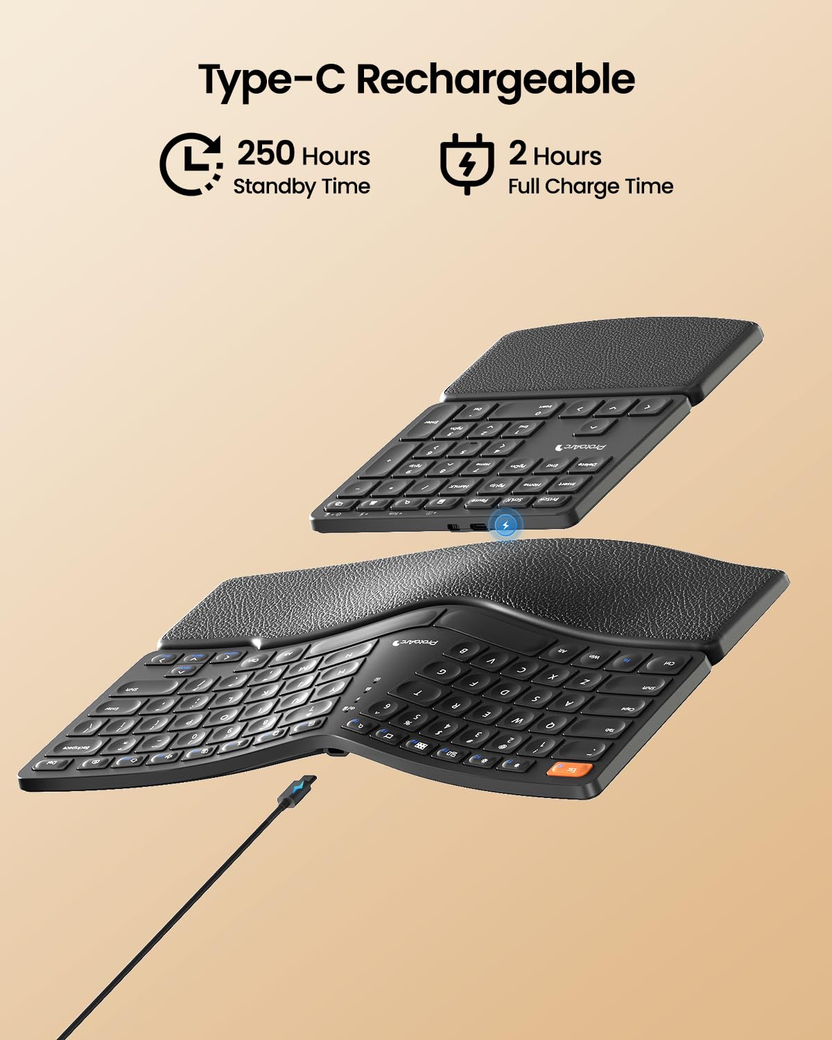 ProtoArc Wireless Ergonomic Keyboard, EK04 2.4GHz Wireless Ergo Keyboard with Separate Numeric Keypad, Split Design, Wrist Rest, Rechargeable, for Desktop, PC, Laptop