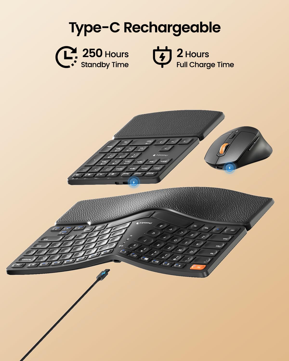 ProtoArc Ergonomic Keyboard Mouse, EKM04 2.4GHz Wireless Ergo Keyboard Mouse Combo, Separate Numeric Keypad, Split Design, Wrist Rest, Rechargeable, for Desktop, PC, Laptop, Windows