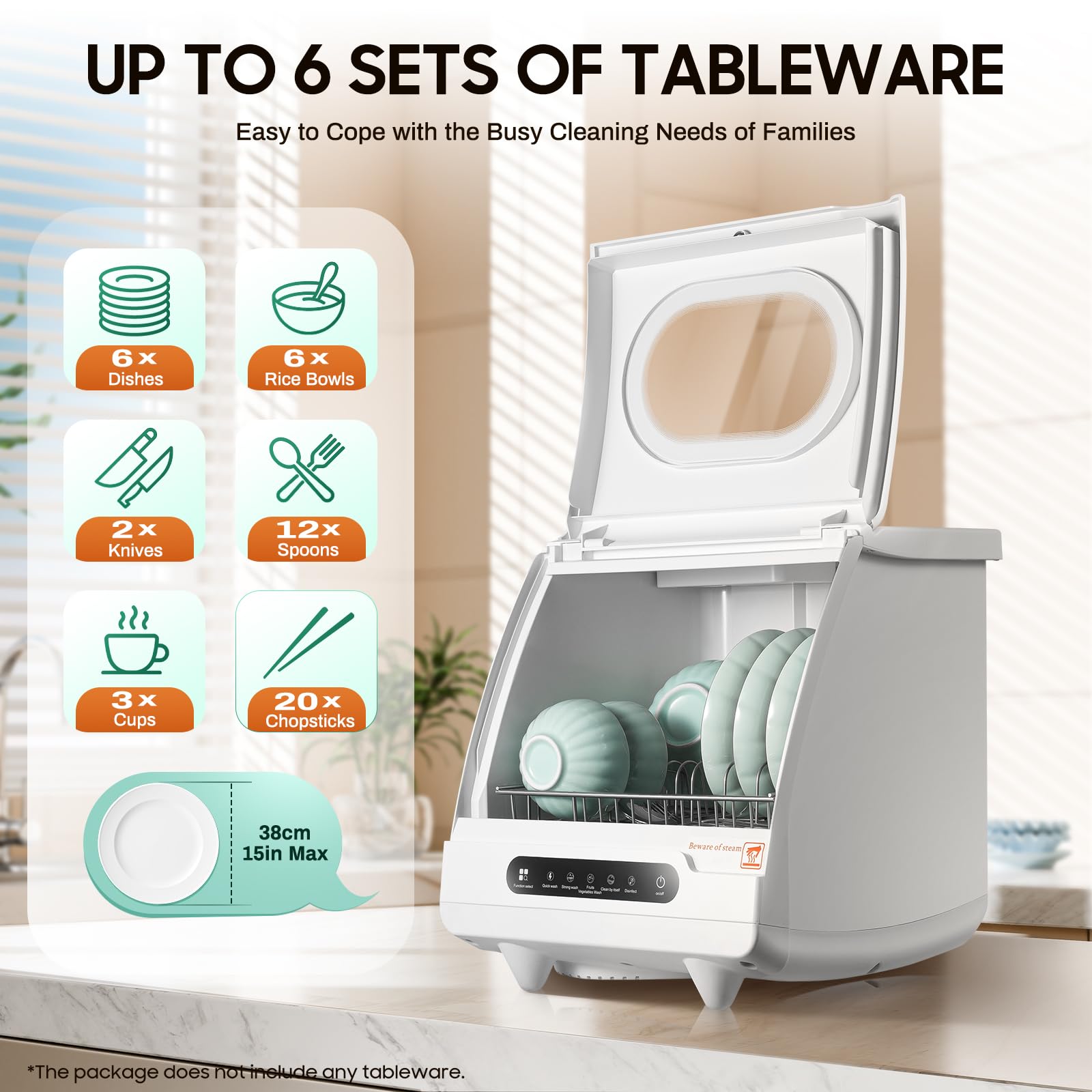 1200W Portable Countertop Dishwasher, 5 Wash Programs Mini Countertop Dishwasher with Water Tank, 360° Spray Arms Intelligent Cutlery Helper for Apartment Kitchen RV Office