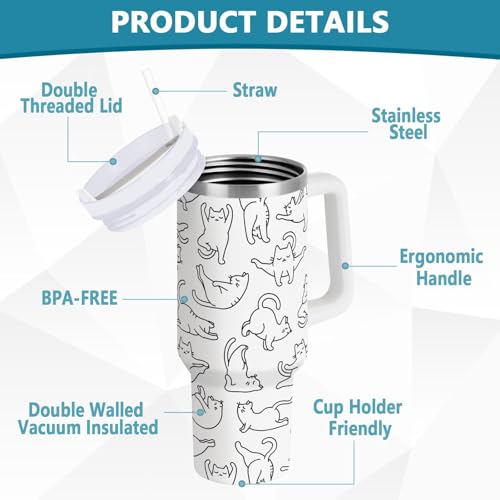 Joisal Cartoon Doodle Comic Cats 40 Oz Iced Coffee Tumbler with Handle and Straw Lid Travel Coffee Mug